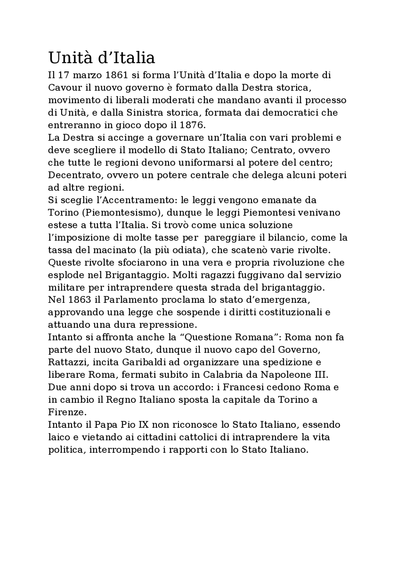 Riassunto UNITA' D'ITALIA - Docsity