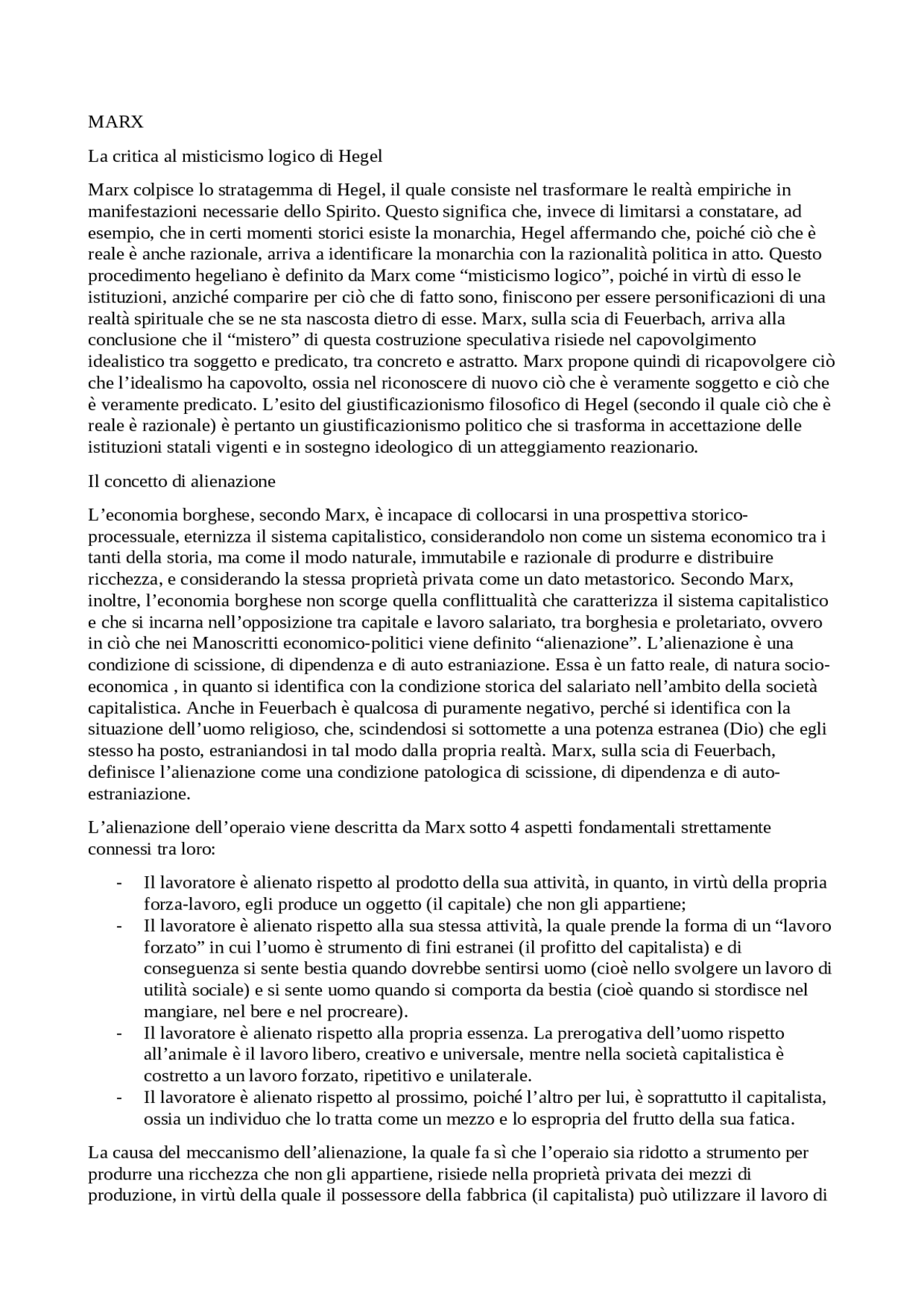 Riassunto Facile Marx Docsity