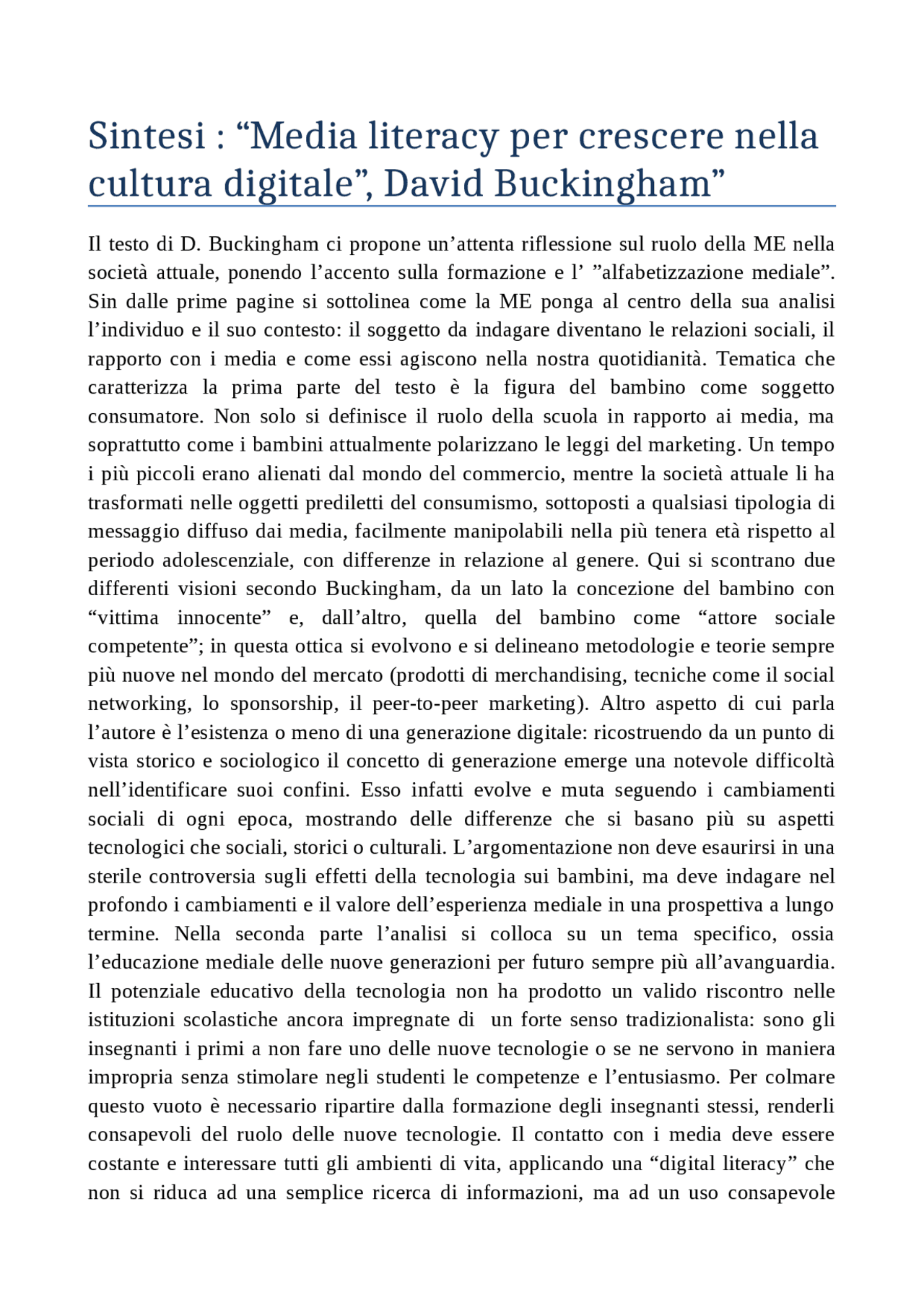 Media literacy per crescere nella cultura digitale”, David Buckingham ...