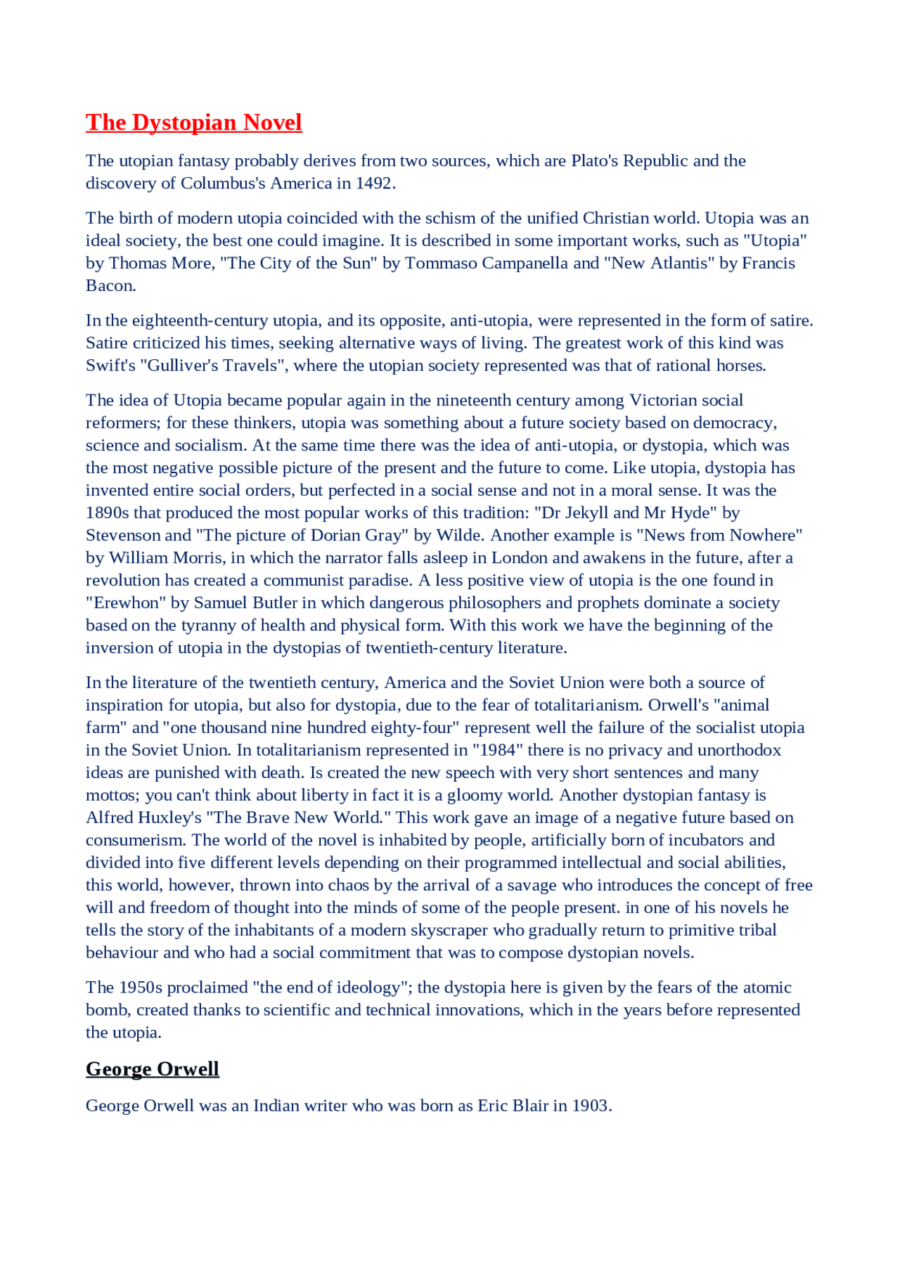 Dystopian novel - Orwell - Docsity