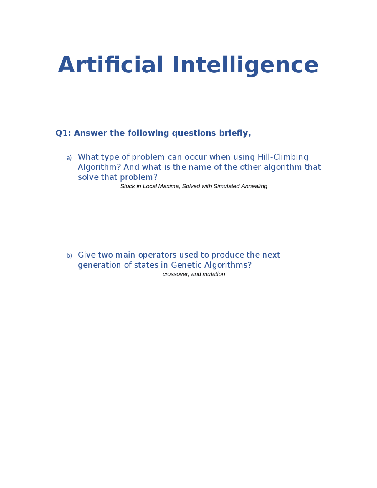 Artificial Intelligence Easy Question Docsity