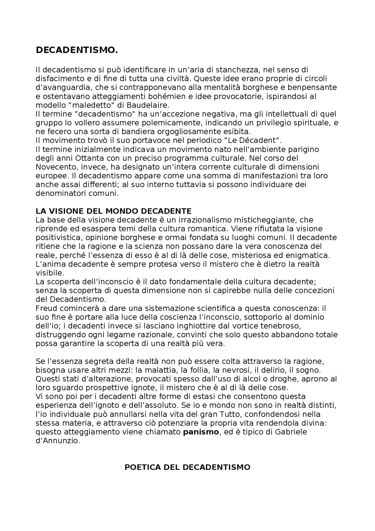 Riassunto Del Decadentismo Docsity