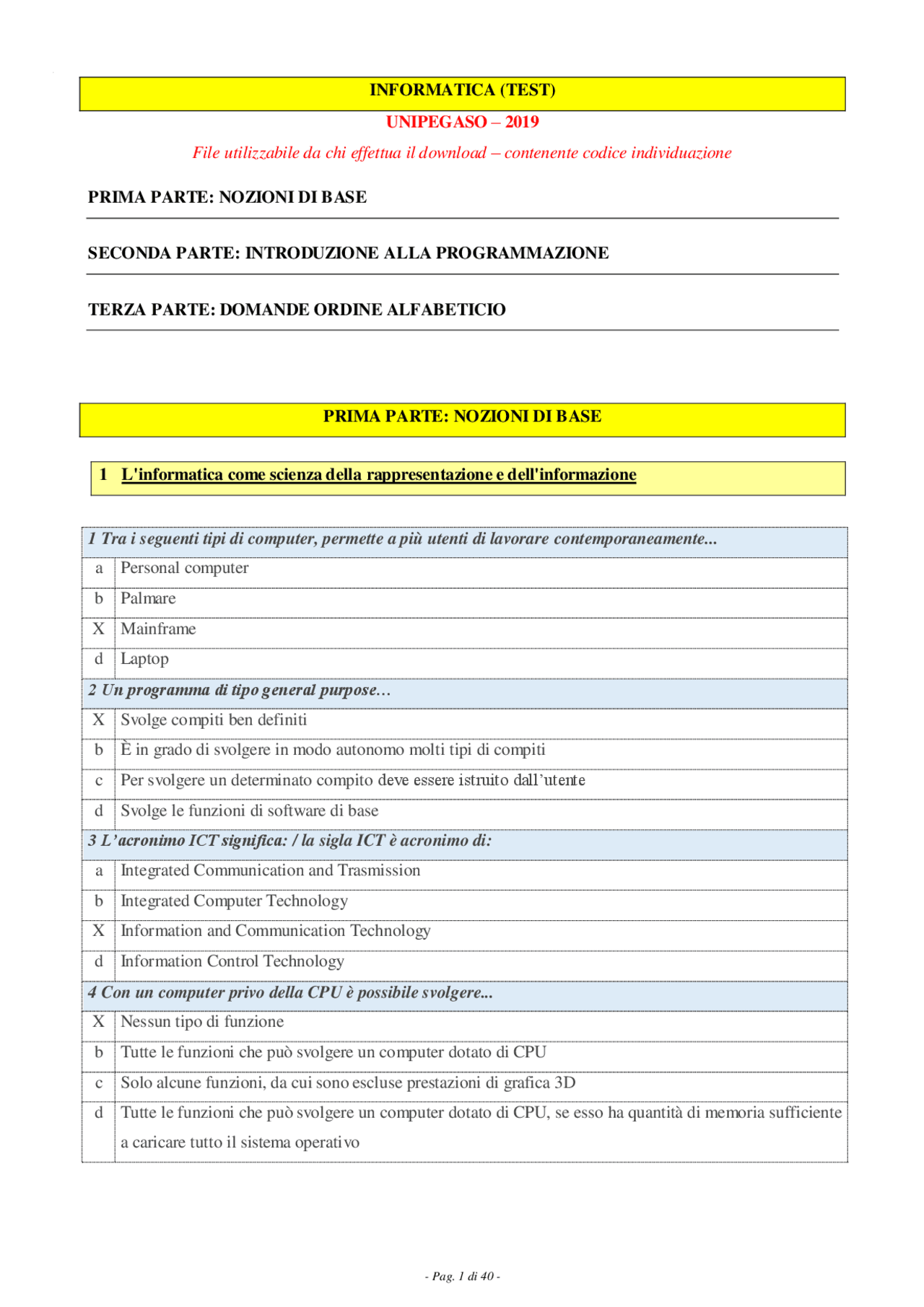 Unipegaso Informatica 2 Test 2019 Risposte Paniere Esame Docsity