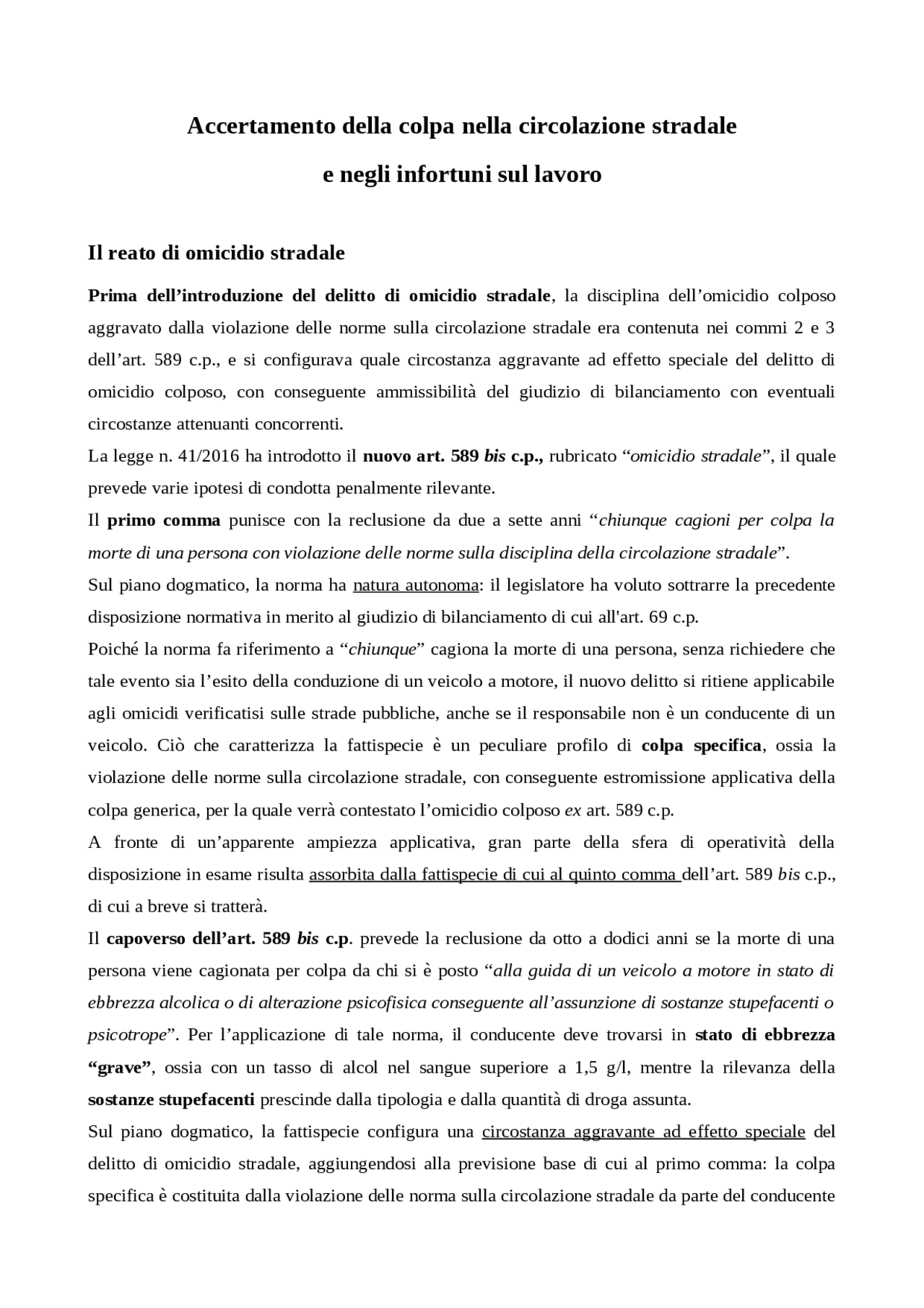 Dispensa Sulla Colpa Stradale Penale Appunti Di Diritto Penale Docsity