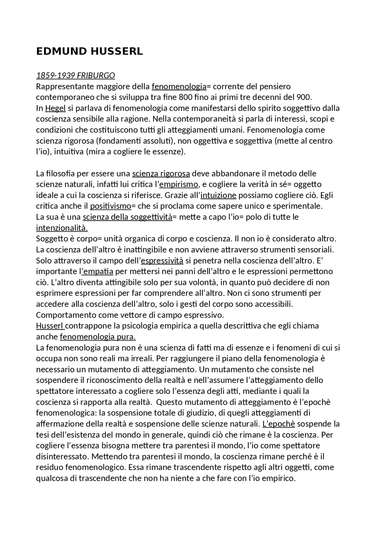 Husserl Autore Importante Della Fenomenologia Docsity
