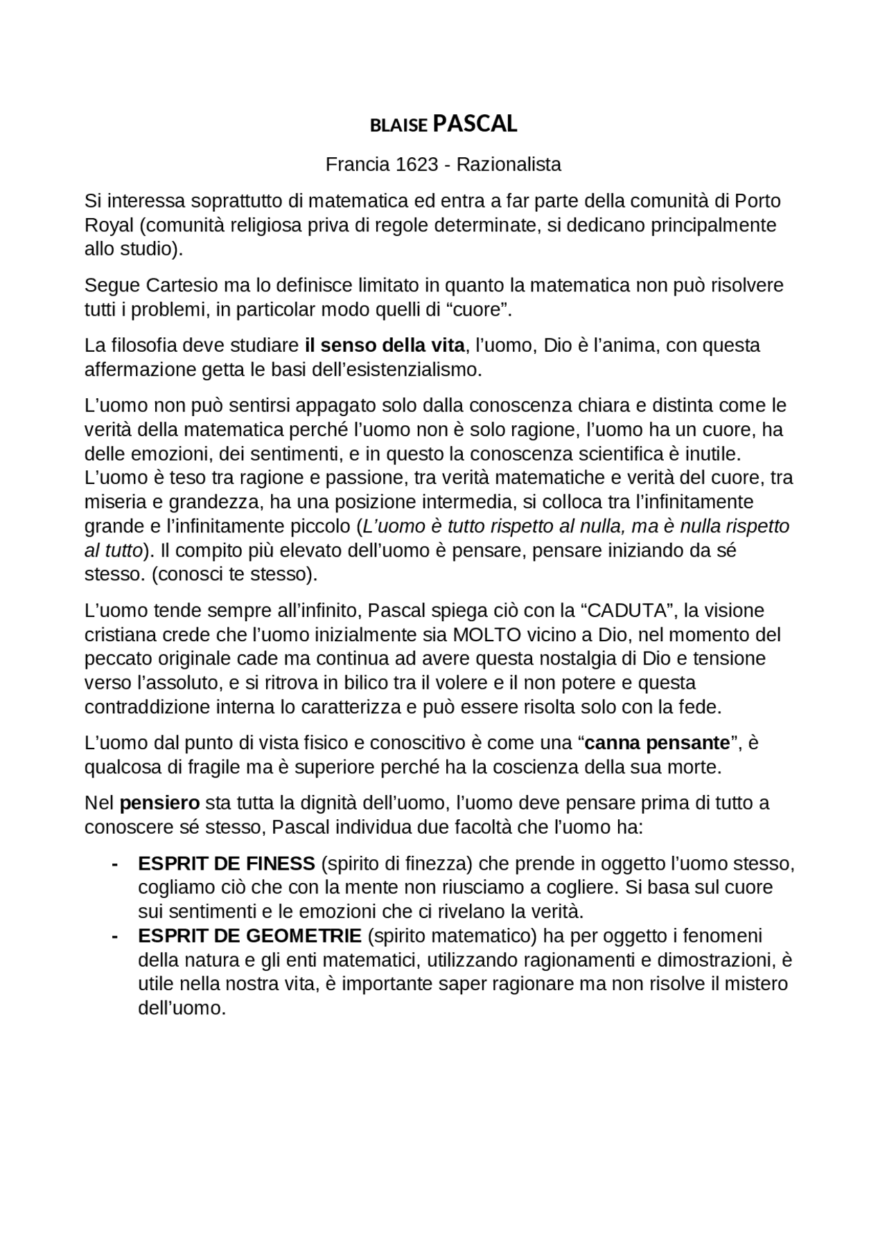 Riassunto Sintetico Di Filosofia Moderna Pascal Docsity