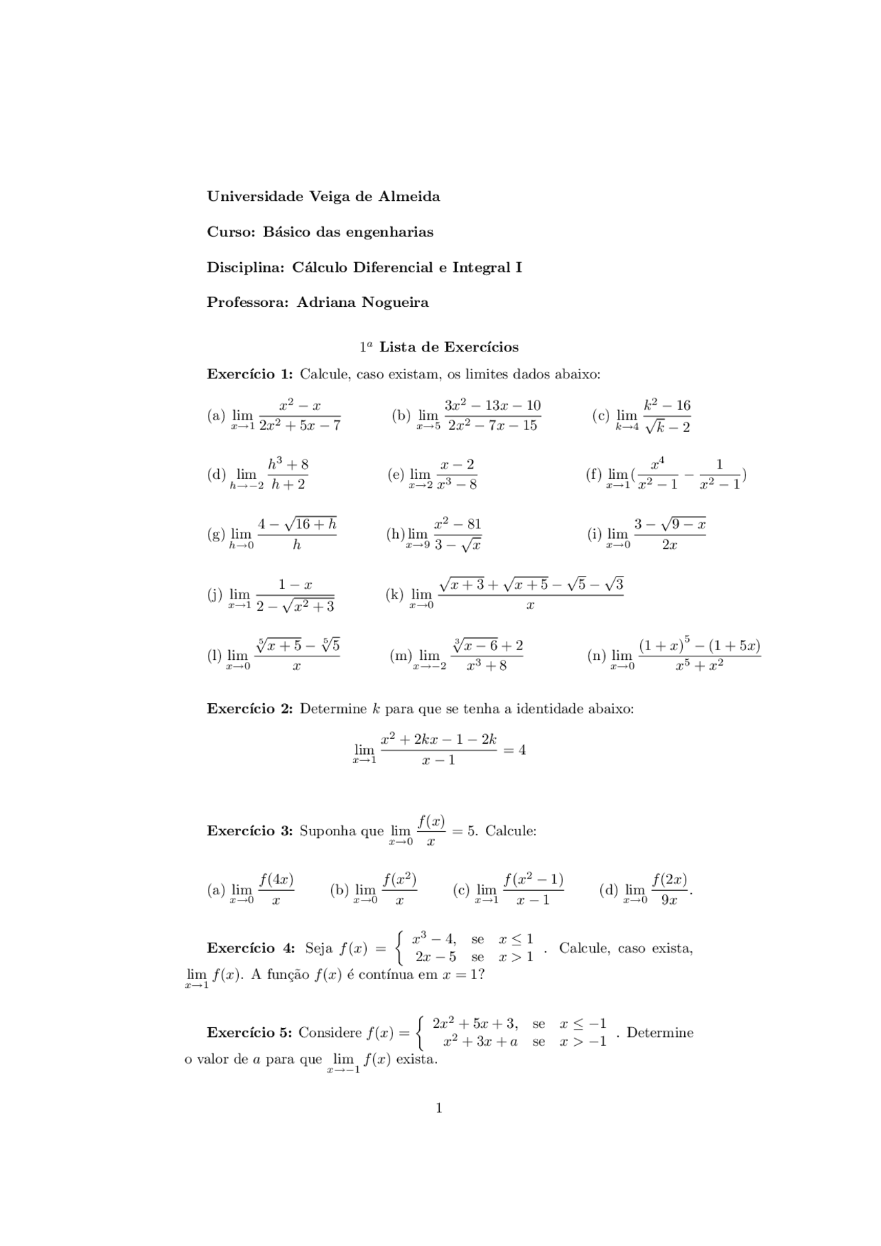 lista de exercicio calculo 1 | Exercícios Cálculo Diferencial e ...