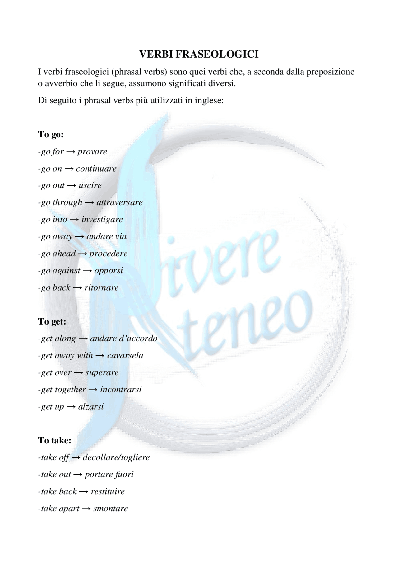 Verbi fraseologici (phrasal verbs) - Docsity