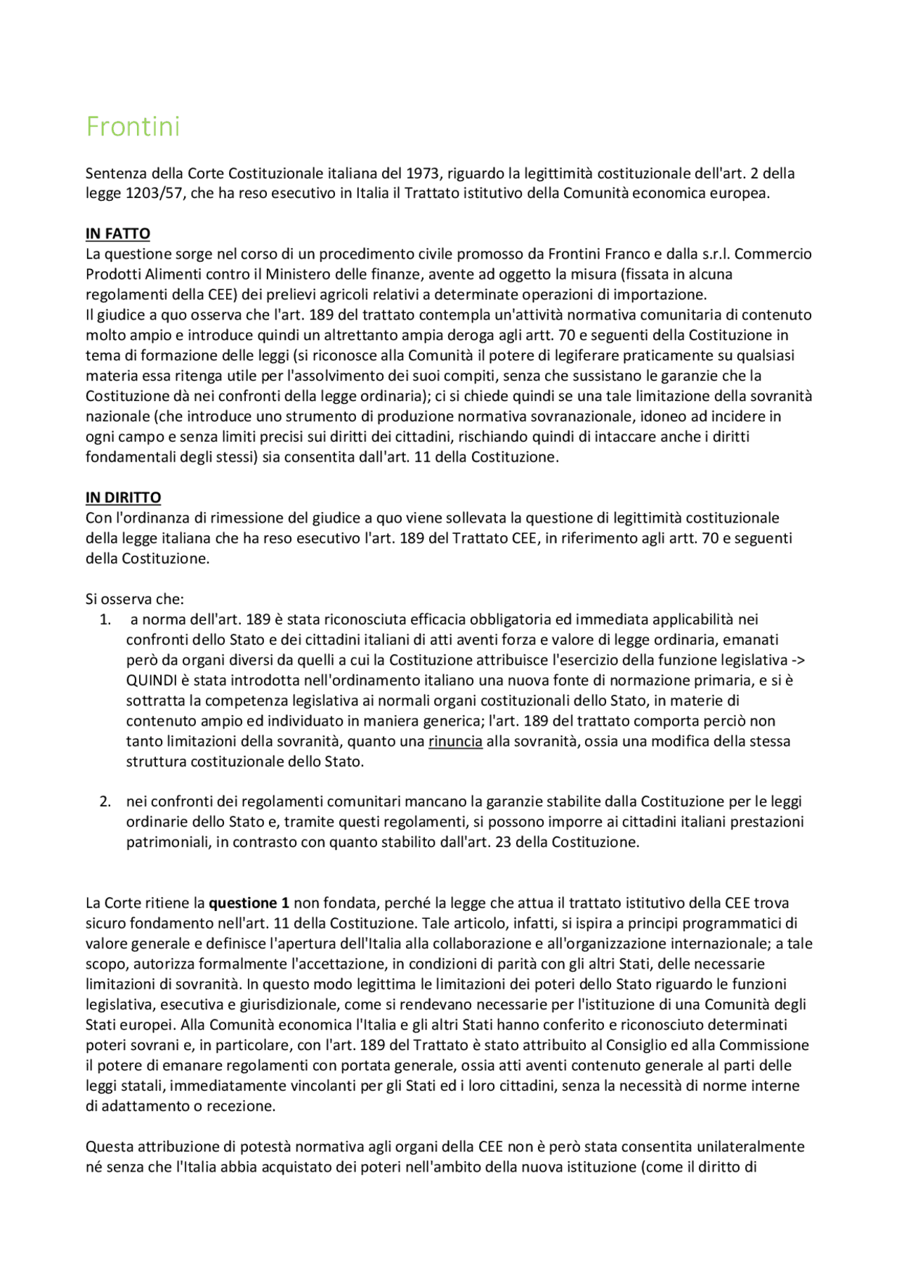Riassunto Della Sentenza Frontini Docsity
