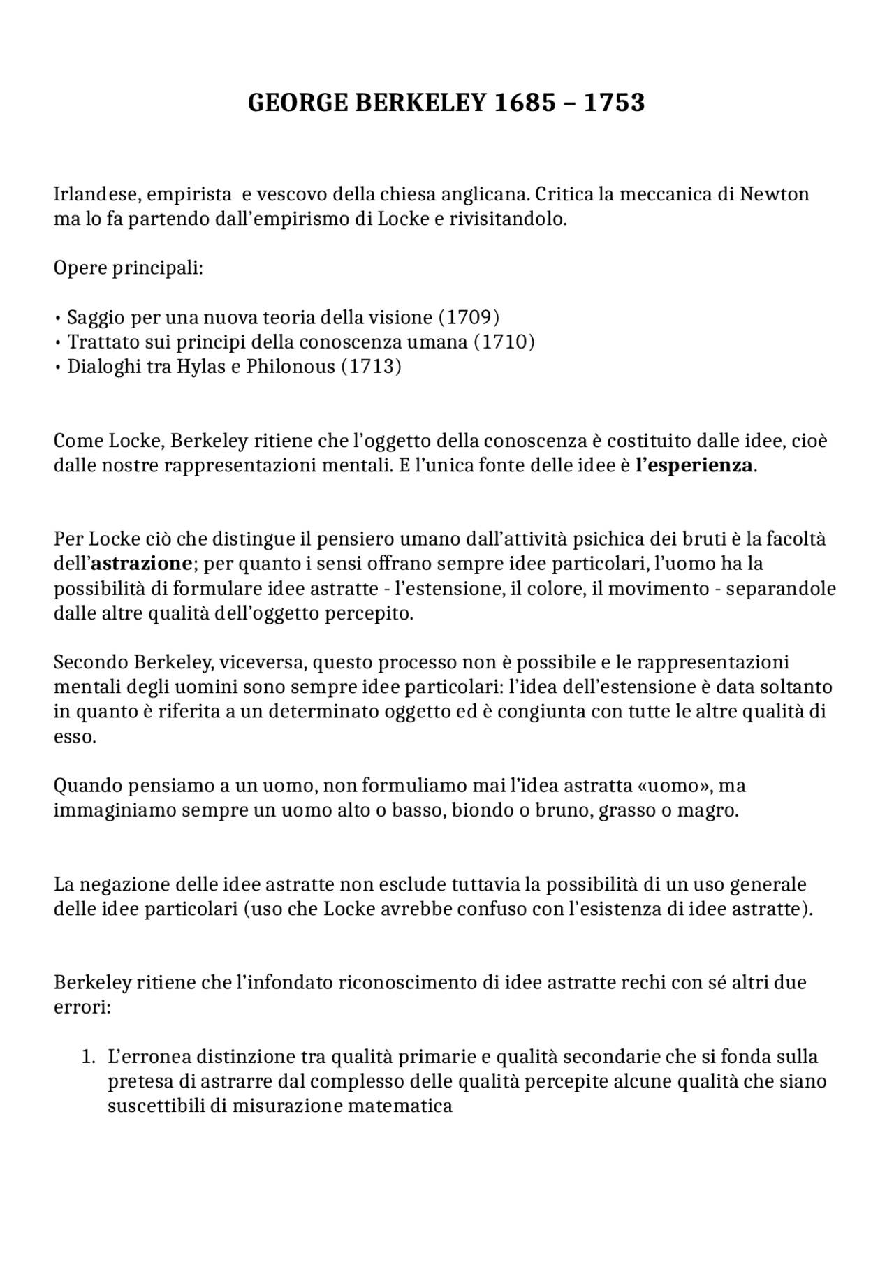 George Berkeley. Riassunto vita e opere - Docsity
