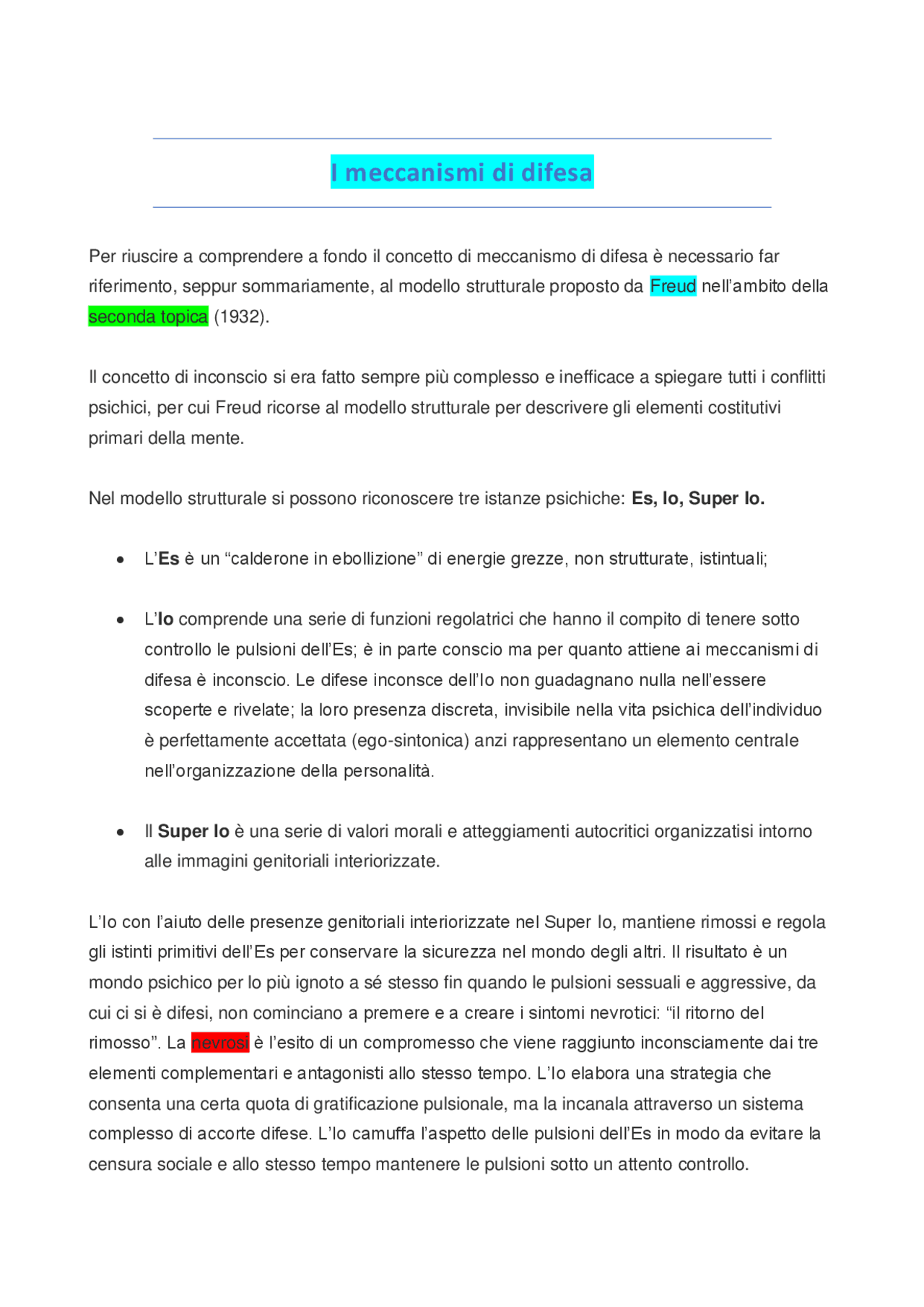 I Meccanismi Di Difesa Docsity