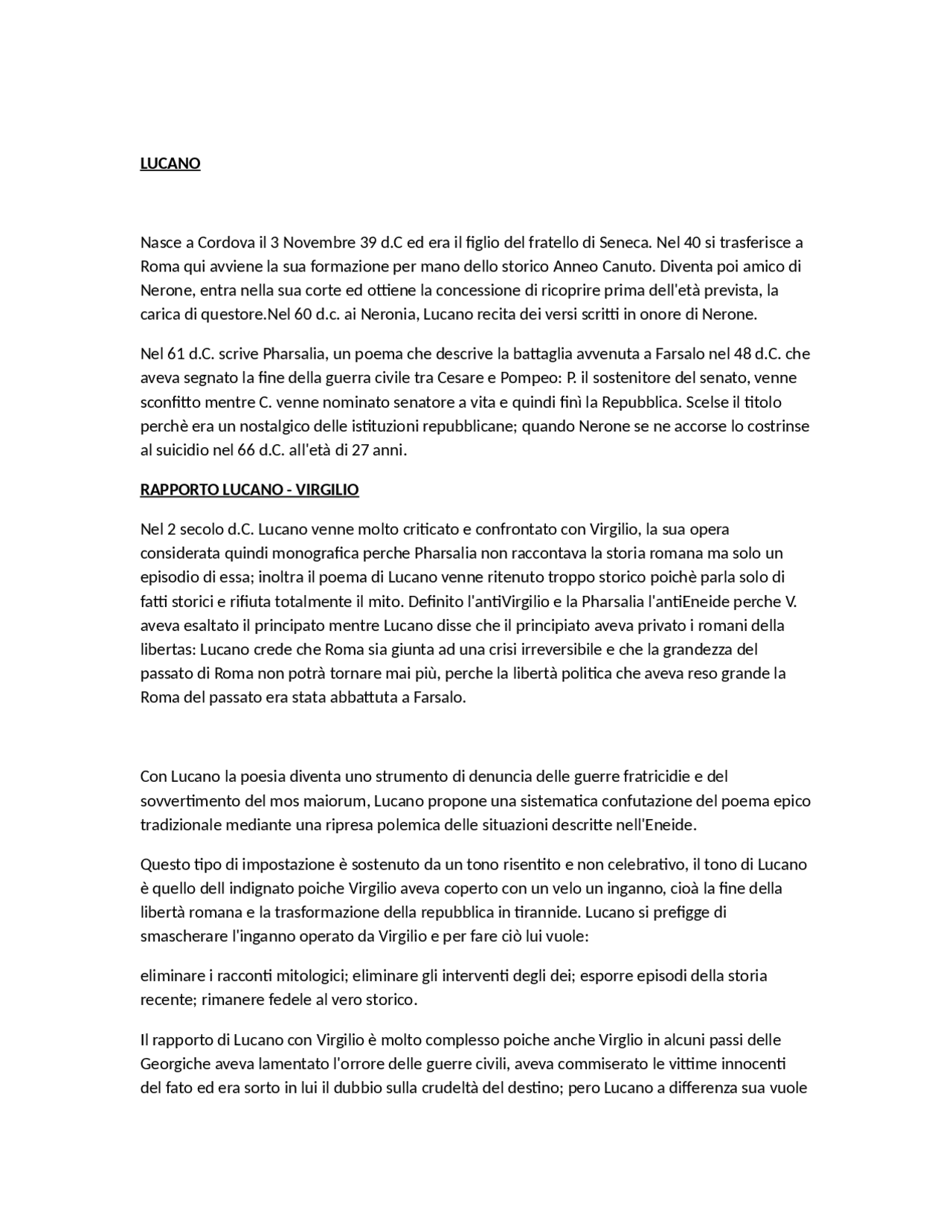 Lucano Maturità Vita E Analisi Opere Con Estratti Docsity