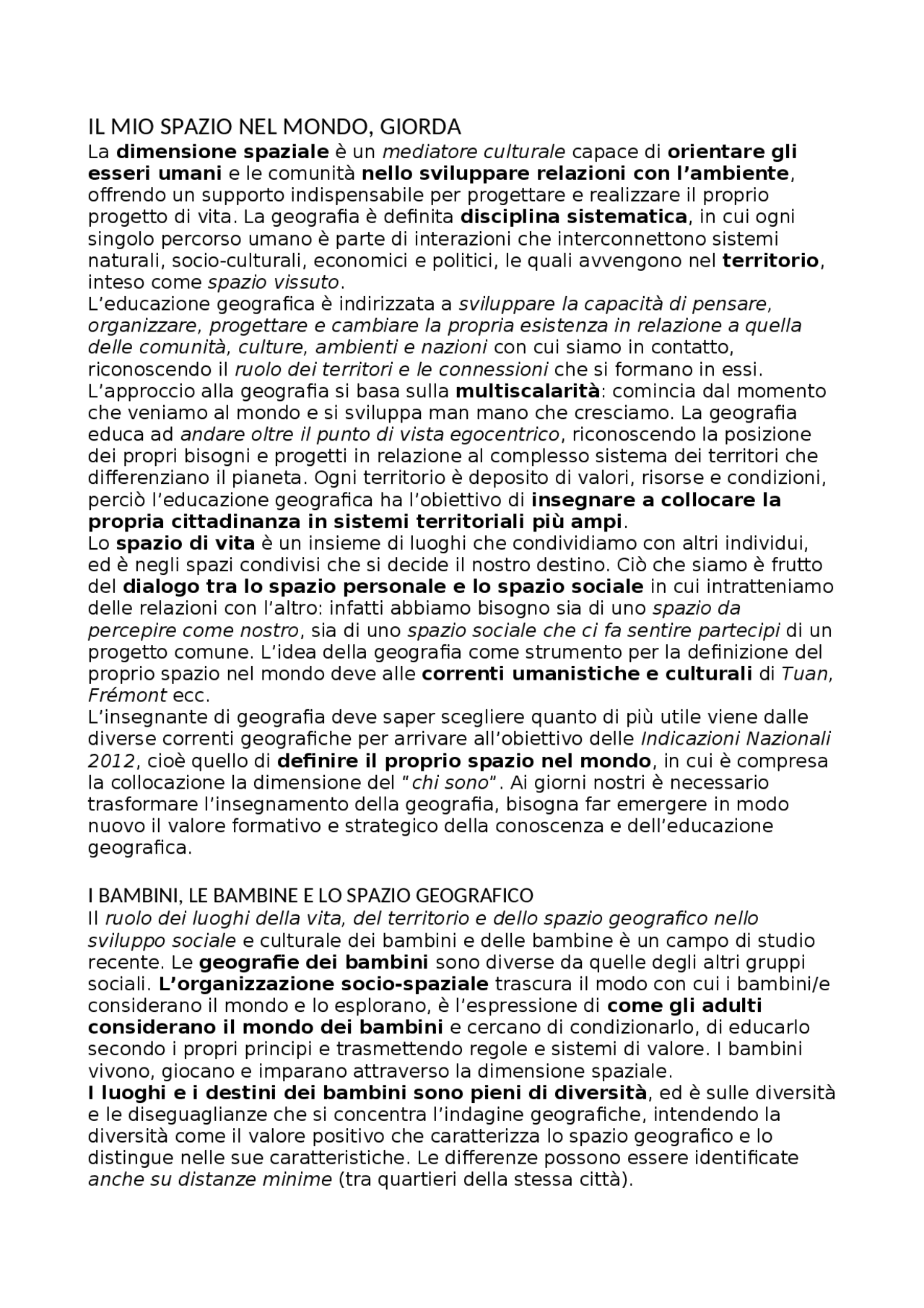 Il mio spazio nel mondo, Giorda - Docsity