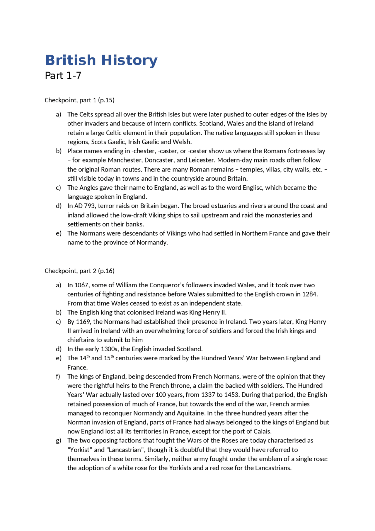 British history - class notes - Docsity