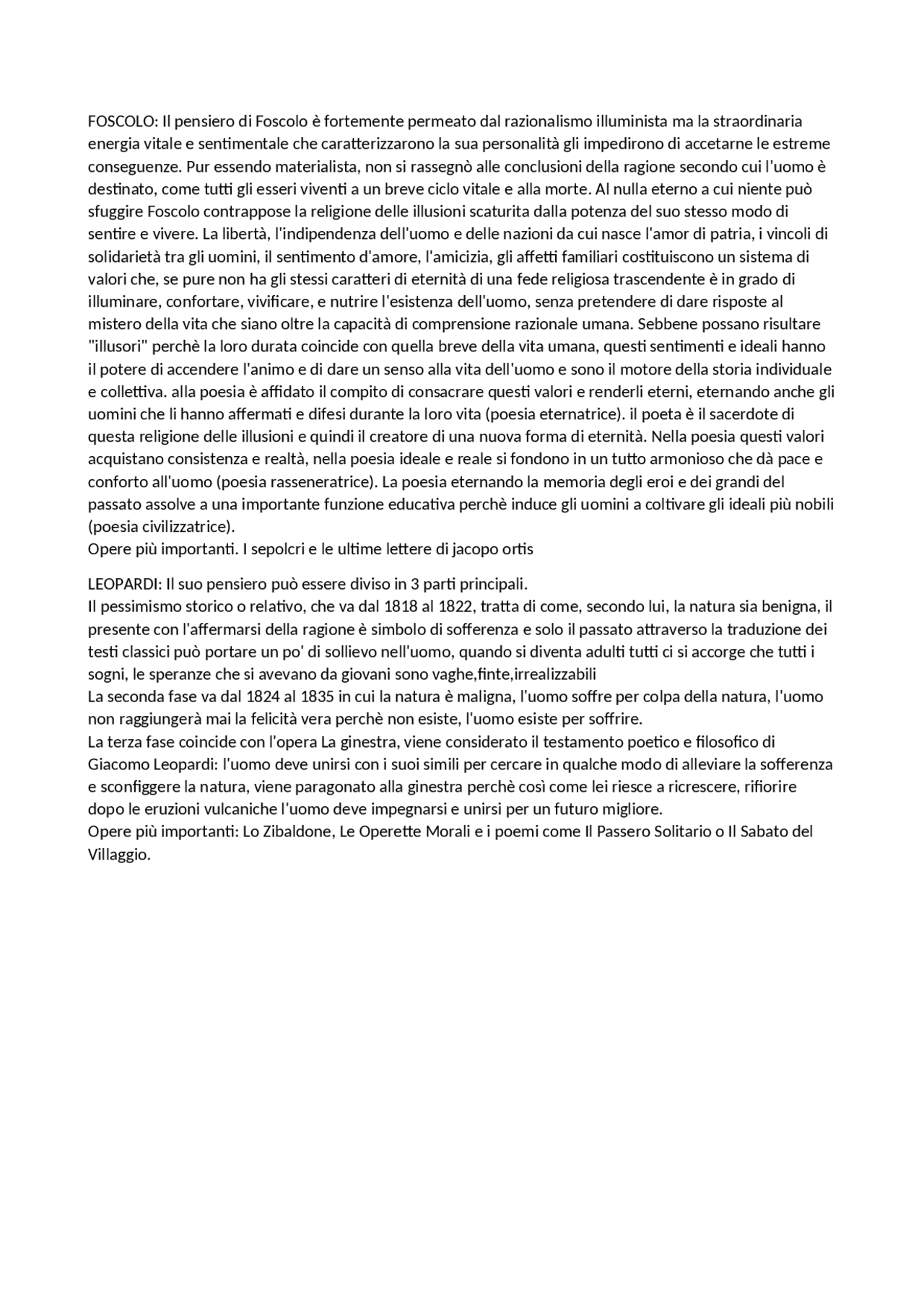 Riassunti Su Foscolo E Leopardi Docsity