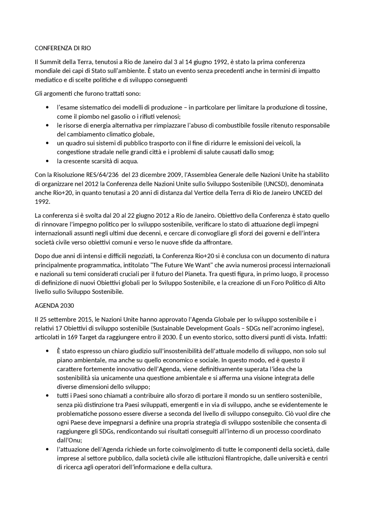 CONFERENZA DI RIO E AGENDA 2030 - Docsity