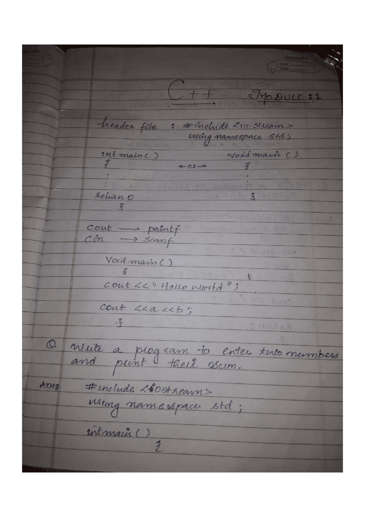 Cpp introduction : concepts of class objects, member functions etc ...