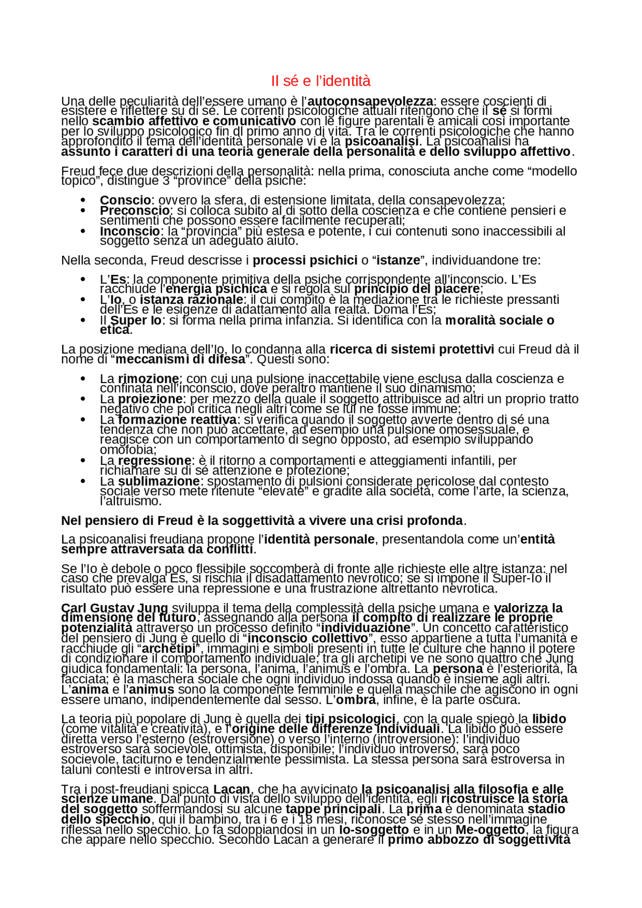Il Sé E Lidentità Docsity