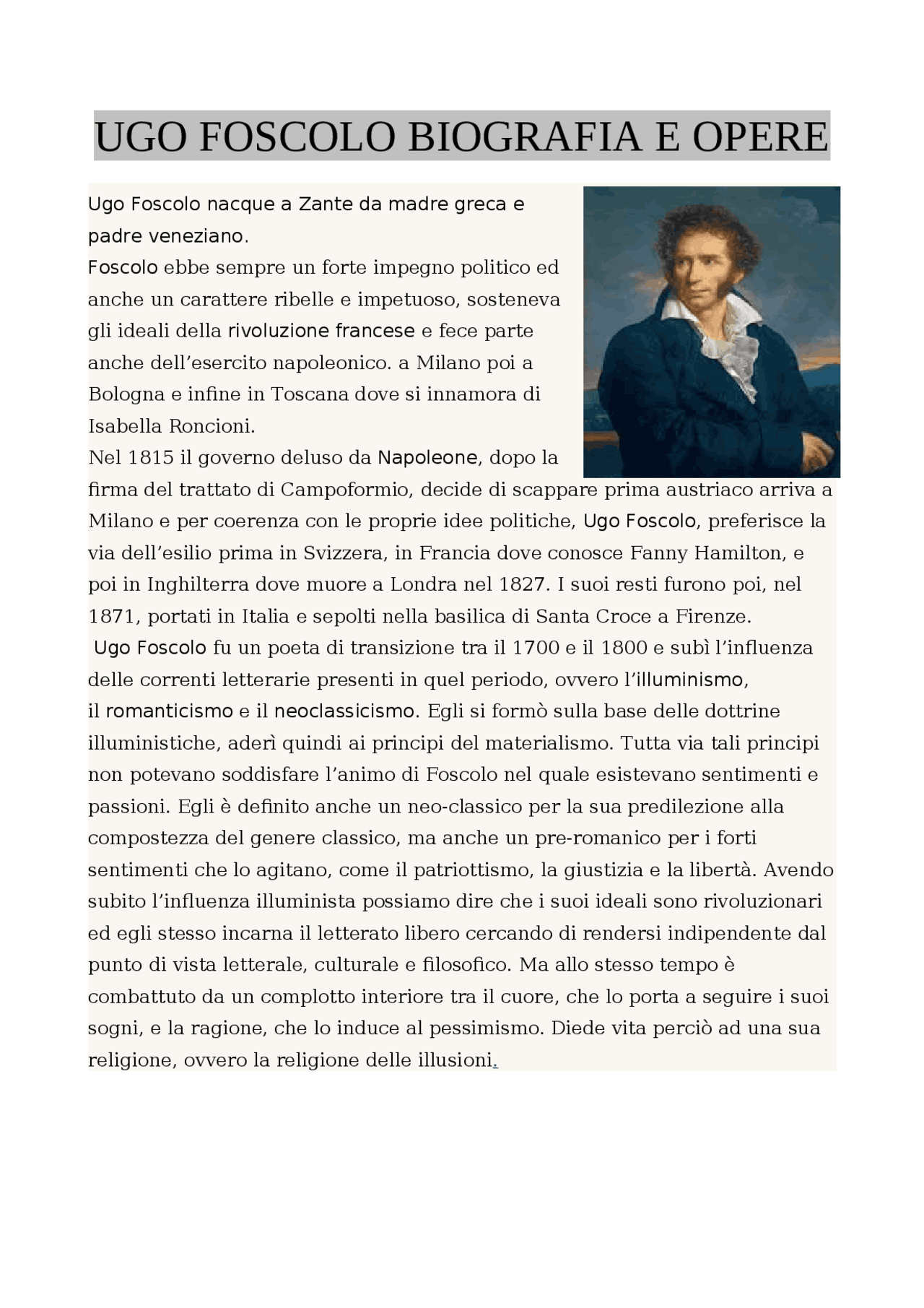 Opere E Biografia Dellautore Ugo Foscolo Docsity