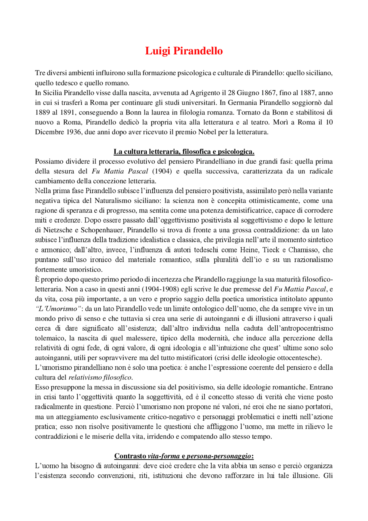 Riassunto su Luigi Pirandello - Docsity