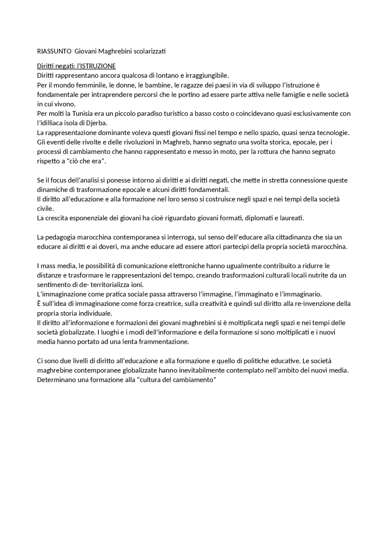 Riassunto Giovani Maghrebini Scolarizzati Docsity