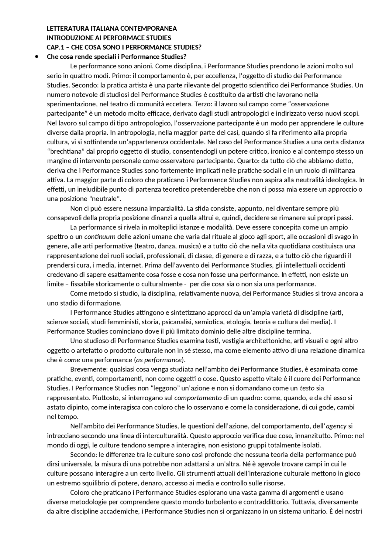 LETTERATURA ITALIANA CONTEMPORANEA - introduzione ai performance studies - Docsity