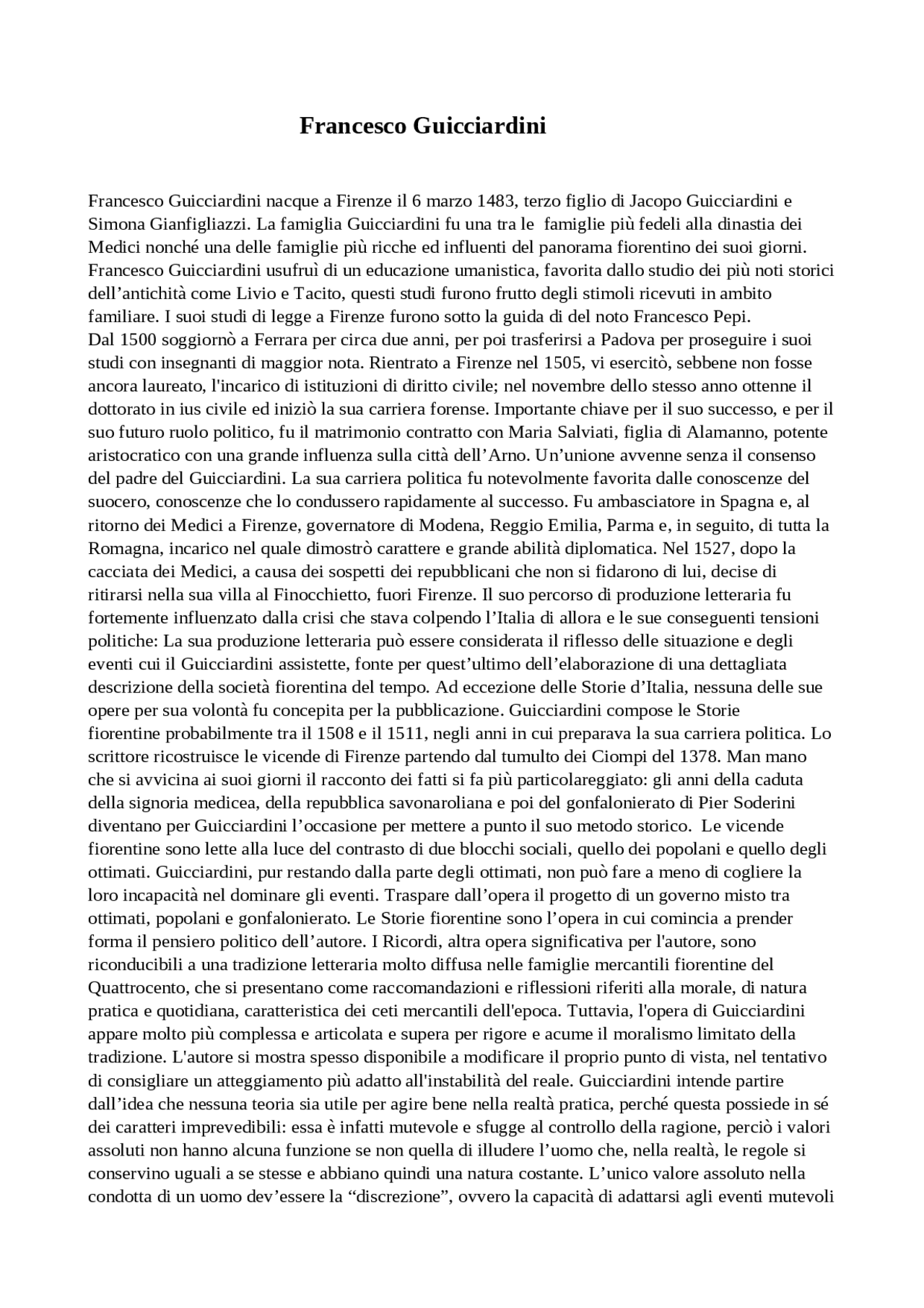 Riassunto Su Francesco Guicciardini Docsity
