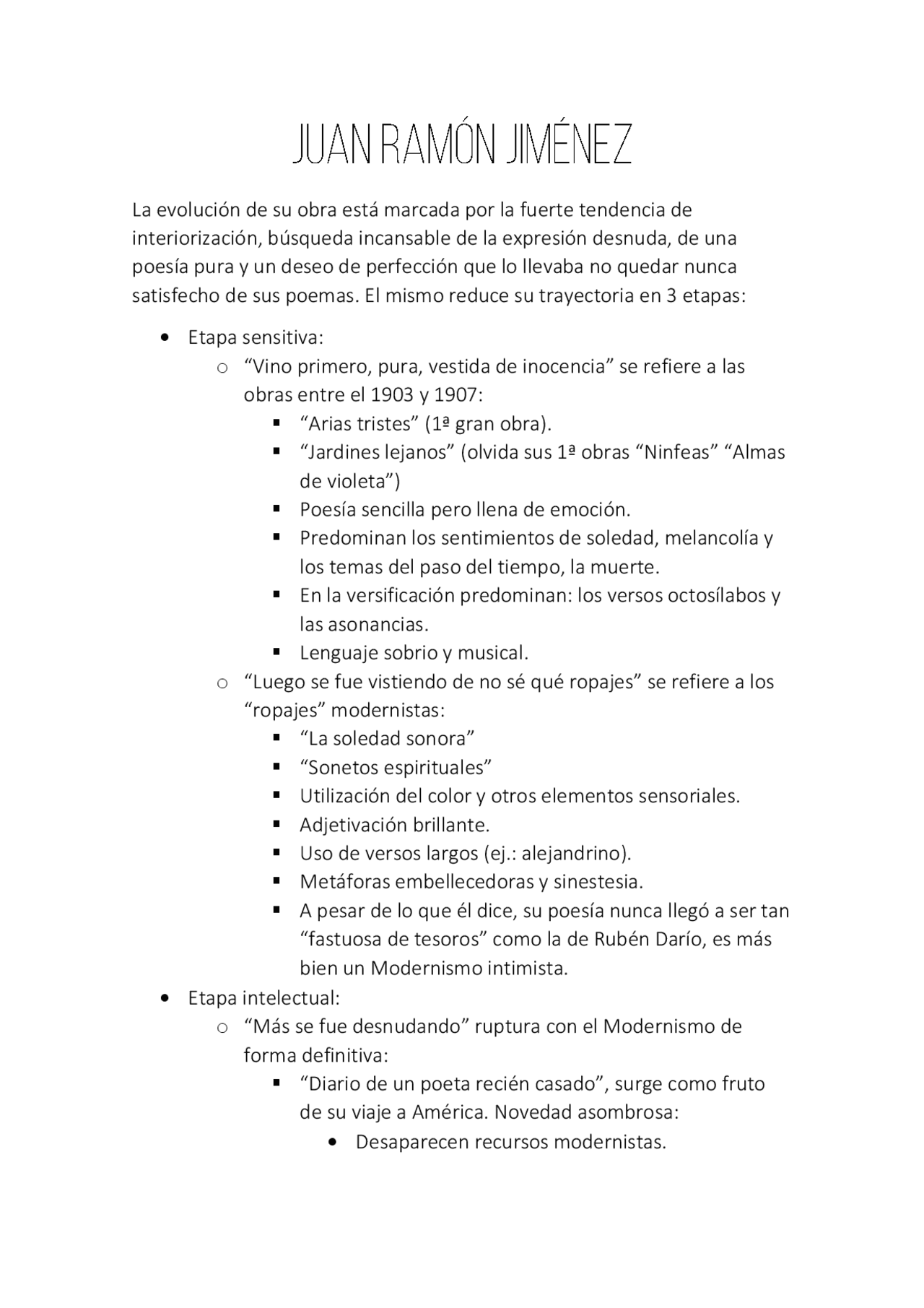 Juan Ramón Jiménez para 2ºBACH | Apuntes de Lengua y Literatura - Docsity