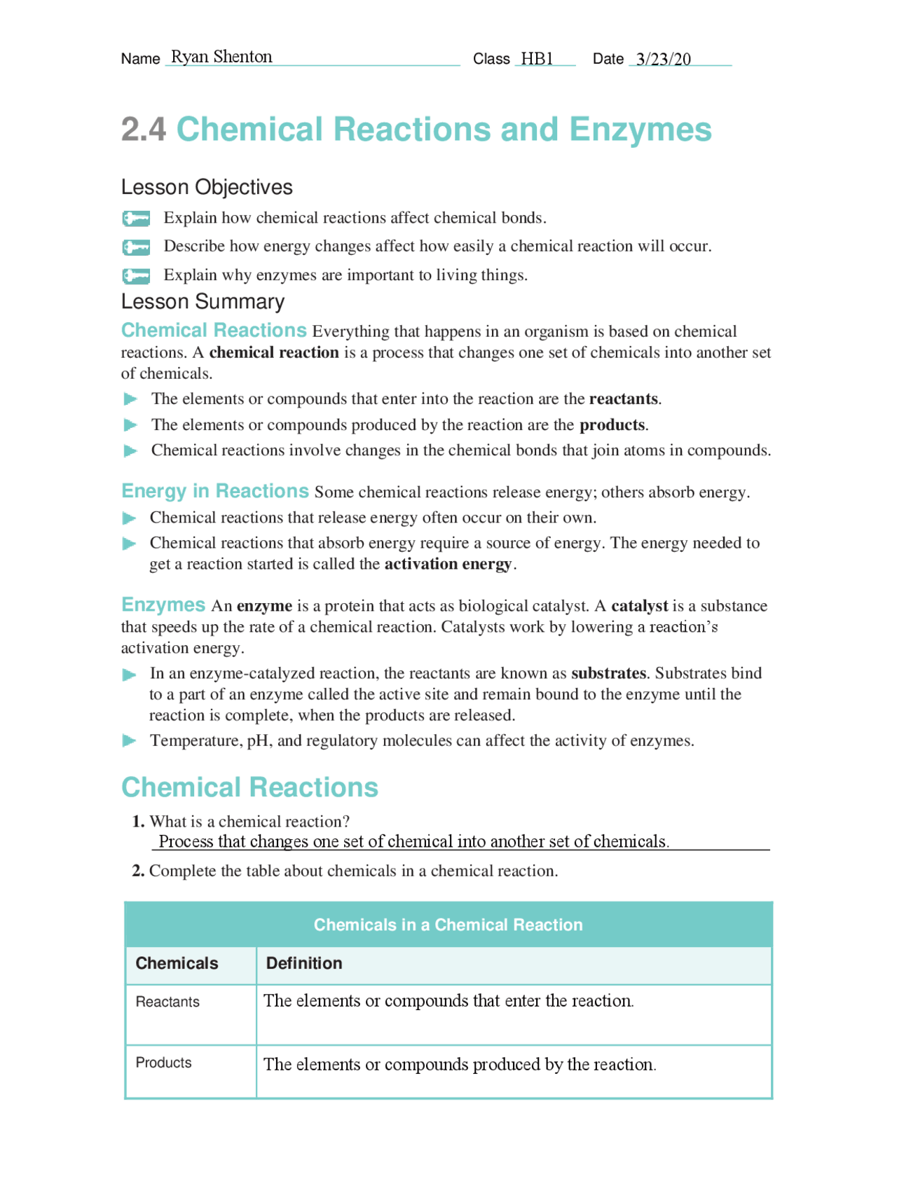 Chemical Reaction and Enzyme Basics - Docsity