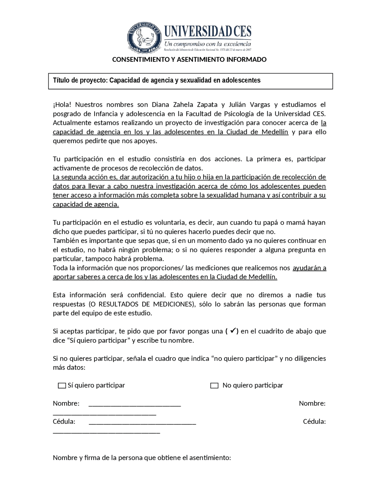 Consentimiento y asentimiento - Docsity