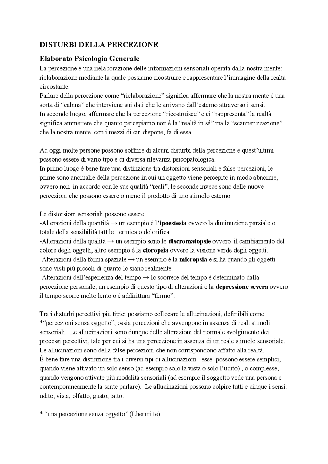 Disturbi Della Percezione Docsity