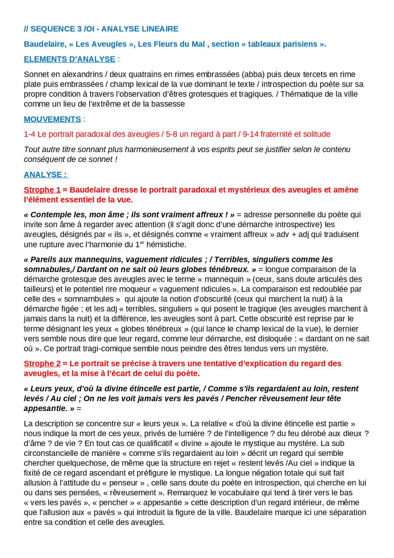 Analyse Linéaire Les Aveugles Dissertation Français Docsity