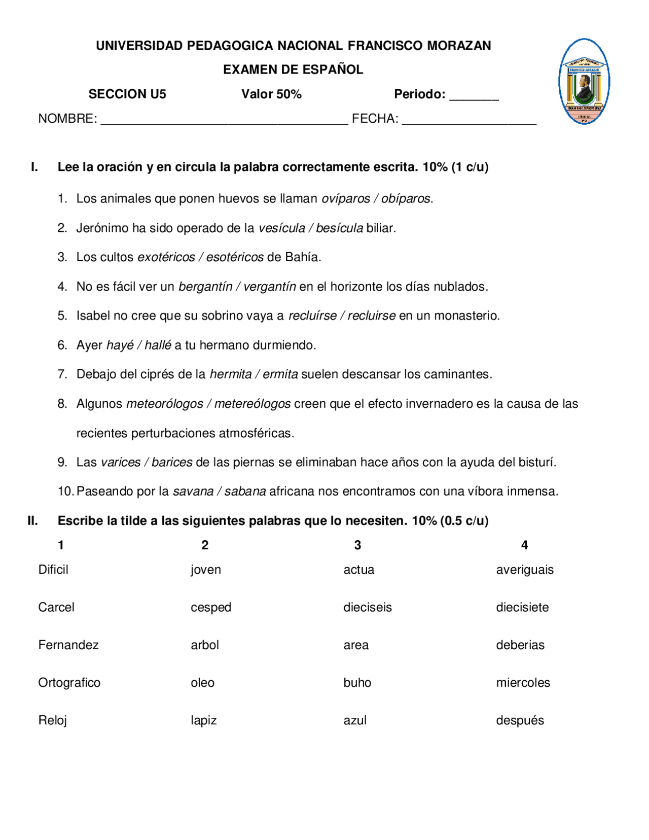Examen de ortografía - Docsity