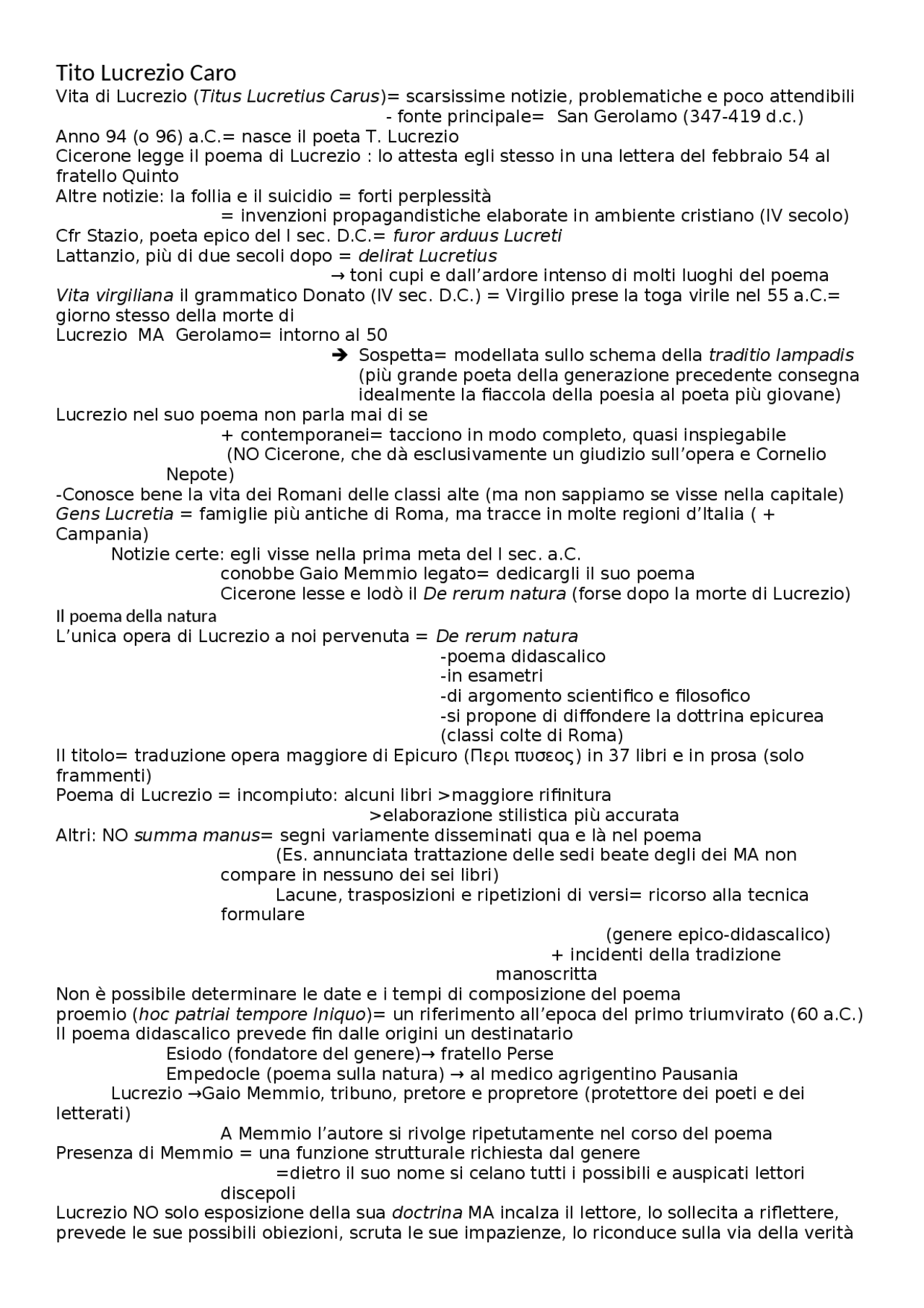 Letteratura latina: Lucrezio - Docsity