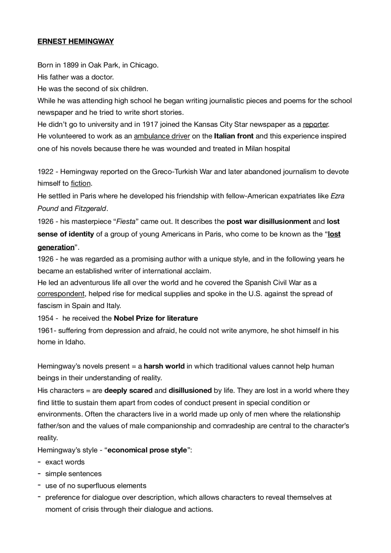 Ernest Hemingway - vita + A Farewell to Arms - Docsity