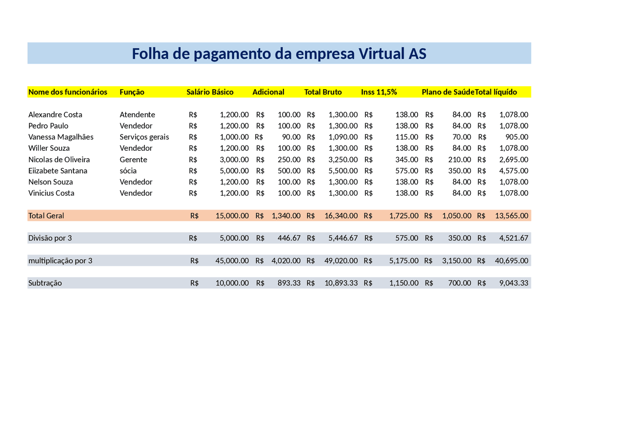 Aula De Excel Parte De Exercícios Docsity