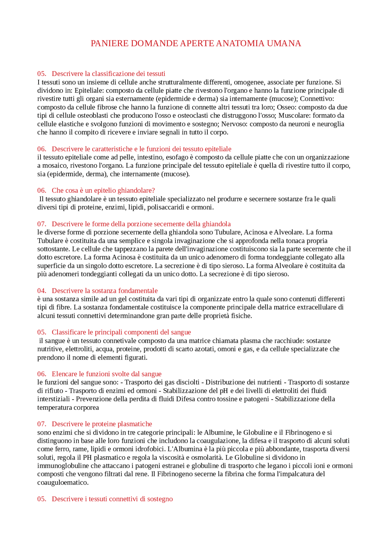 Paniere Domande Aperte Anatomia Umana Prof Macaluso Panieri Di