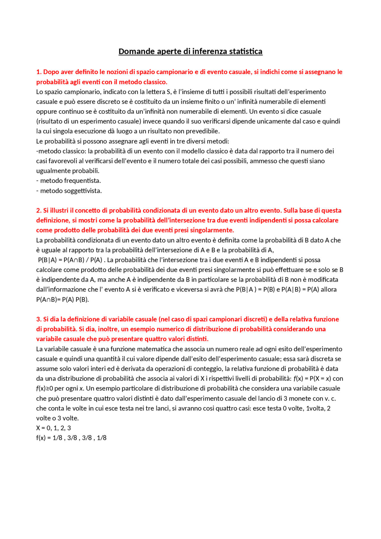 Domande Aperte Inferenza Esame Statistica Triennale Prove Desame
