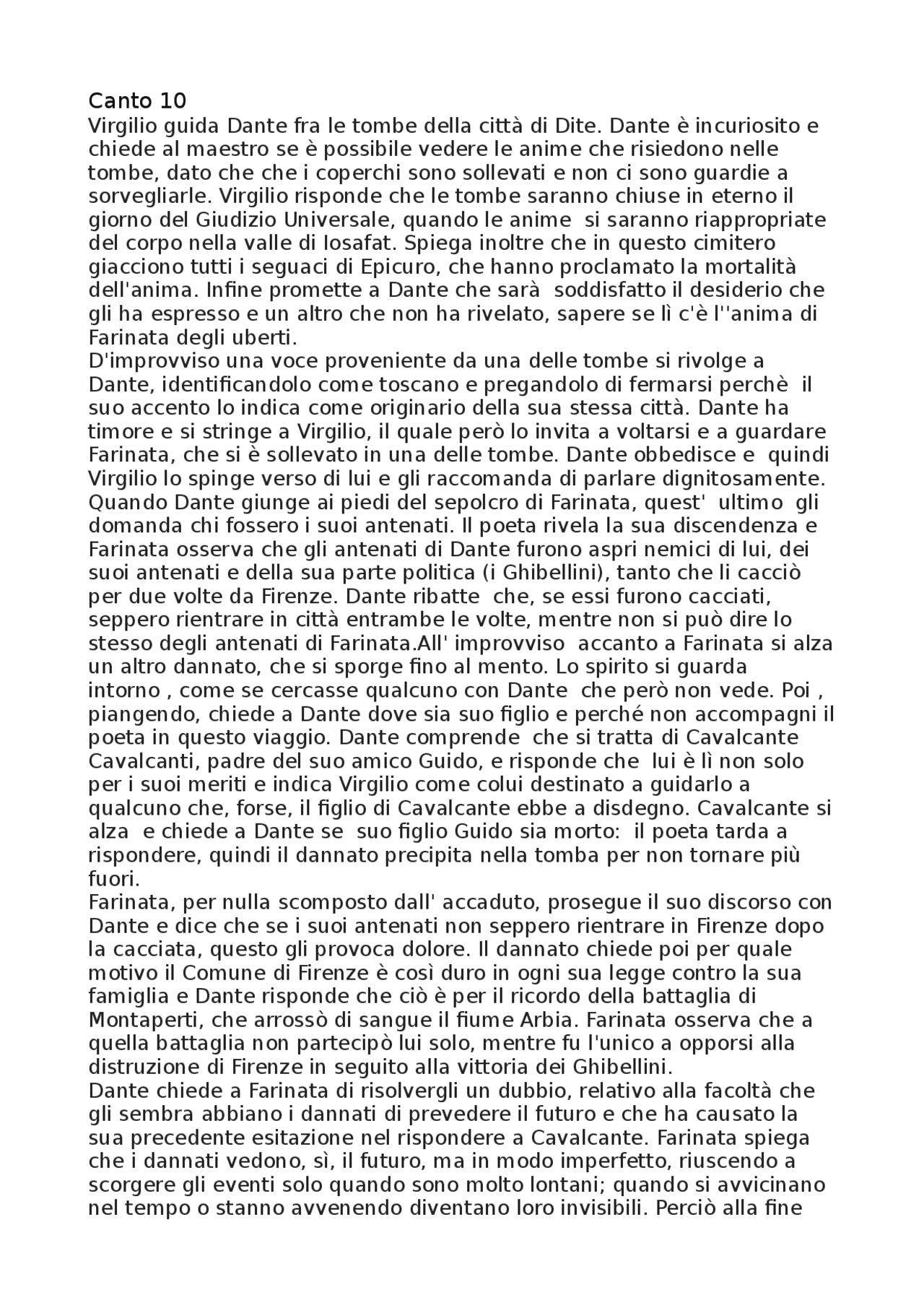 Riassunto canto 10 inferno | Sintesi del corso di Italiano | Docsity