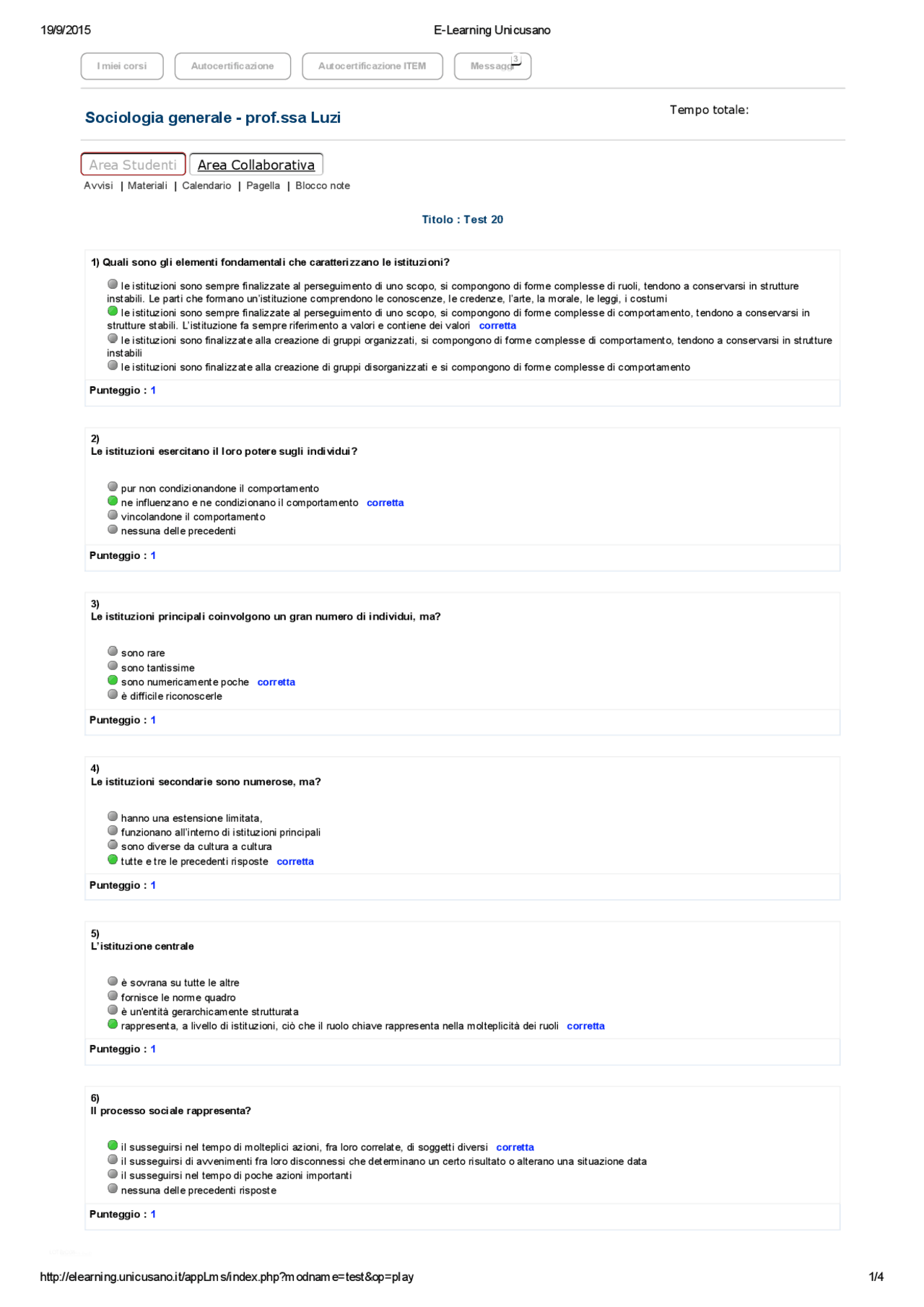 Autovalutazione Sociologia Generale Prof Luzi Unicusano Docsity