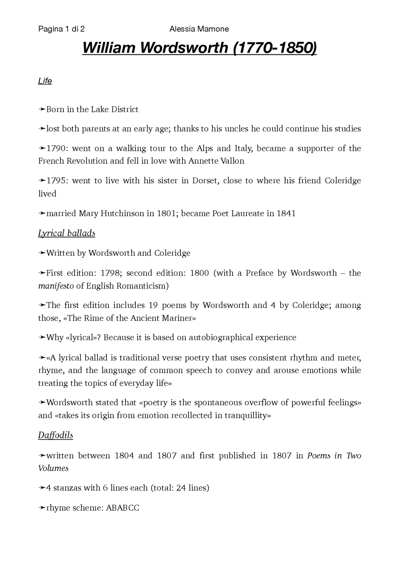 Study notes fo William Wordsworth | Study notes English | Docsity