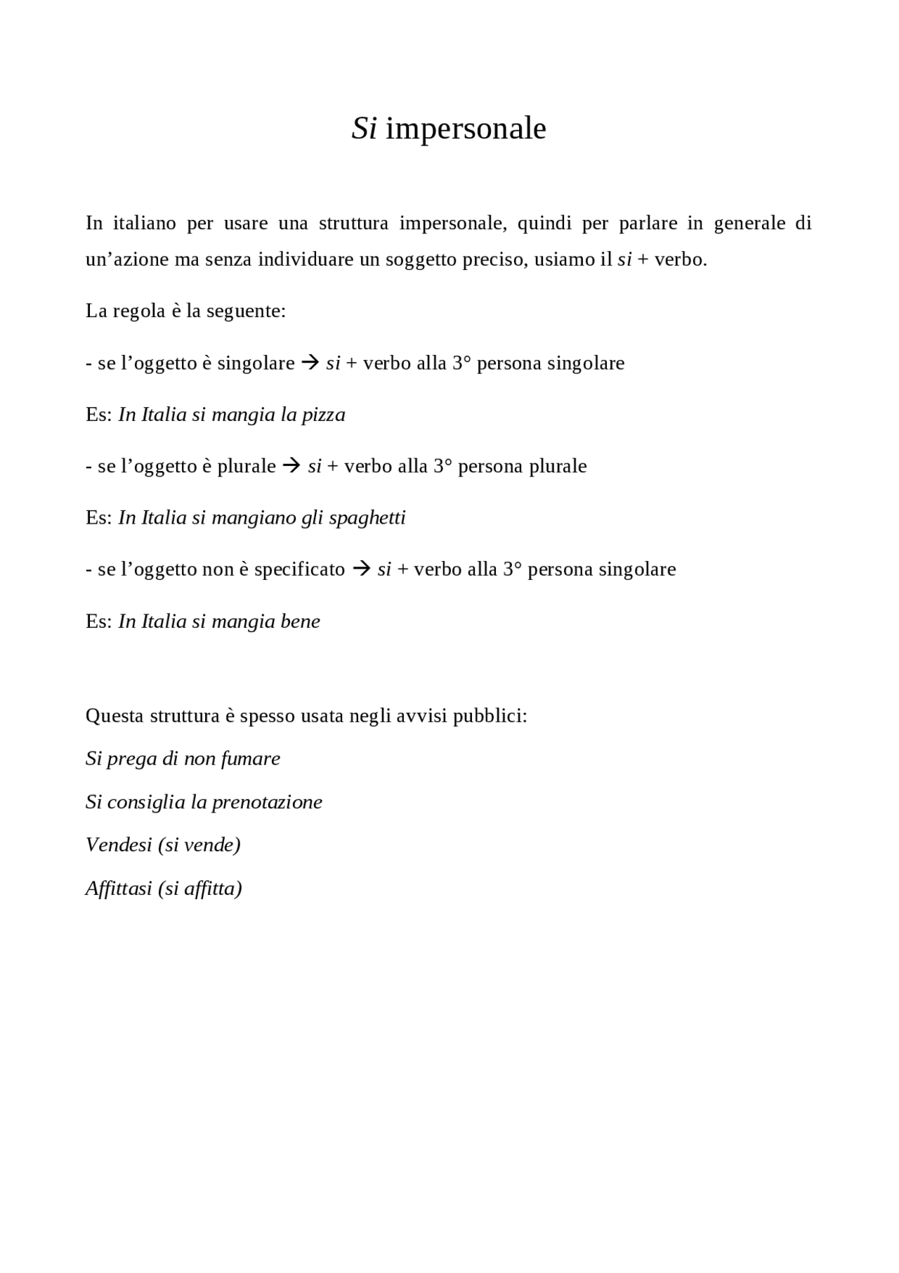 Si impersonale- Grammatica Italiana per stranieri - Docsity