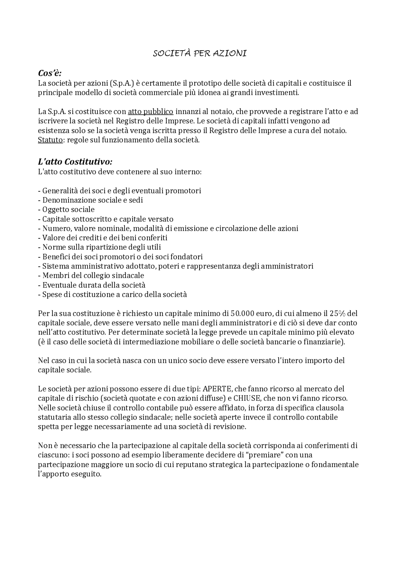 Spa Società Per Azioni Docsity