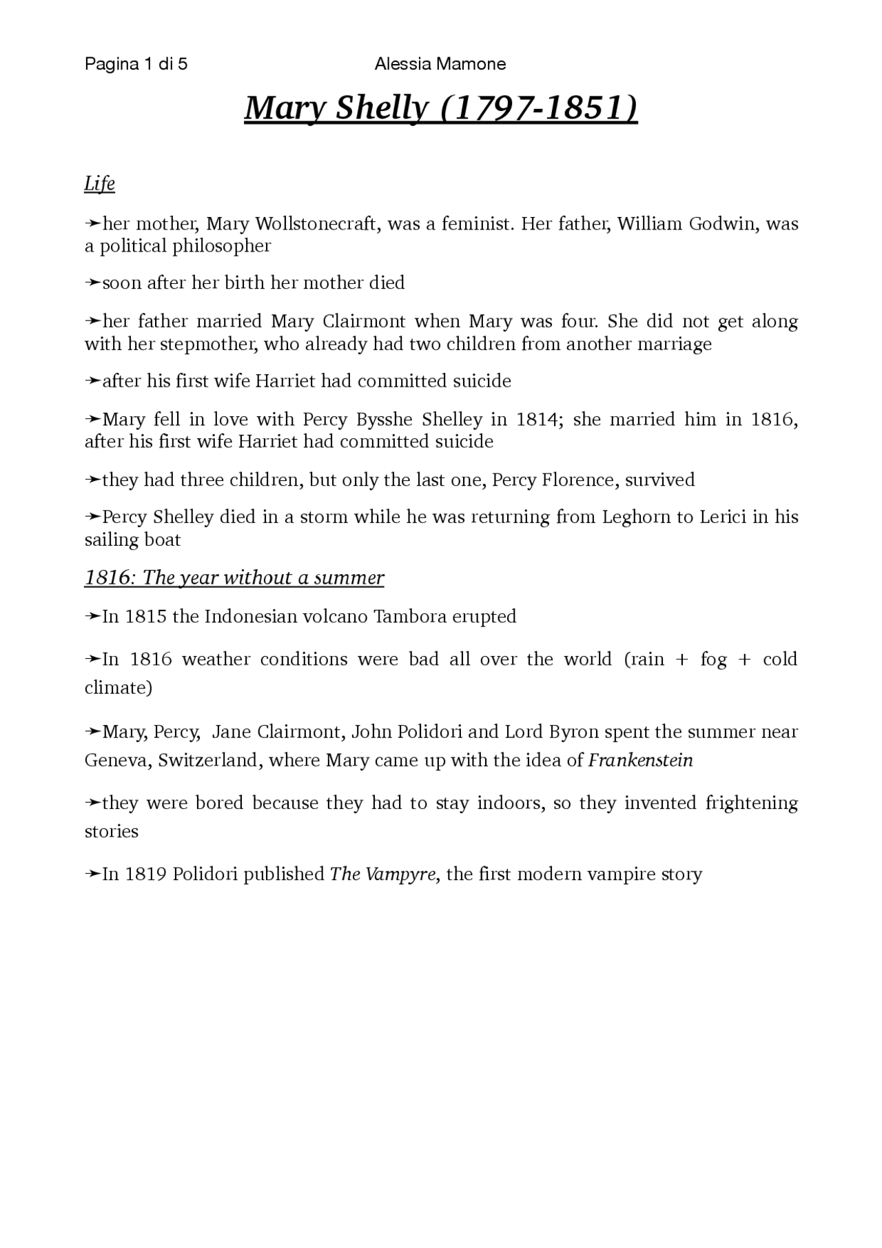 Study note of Mary Shelly - Docsity