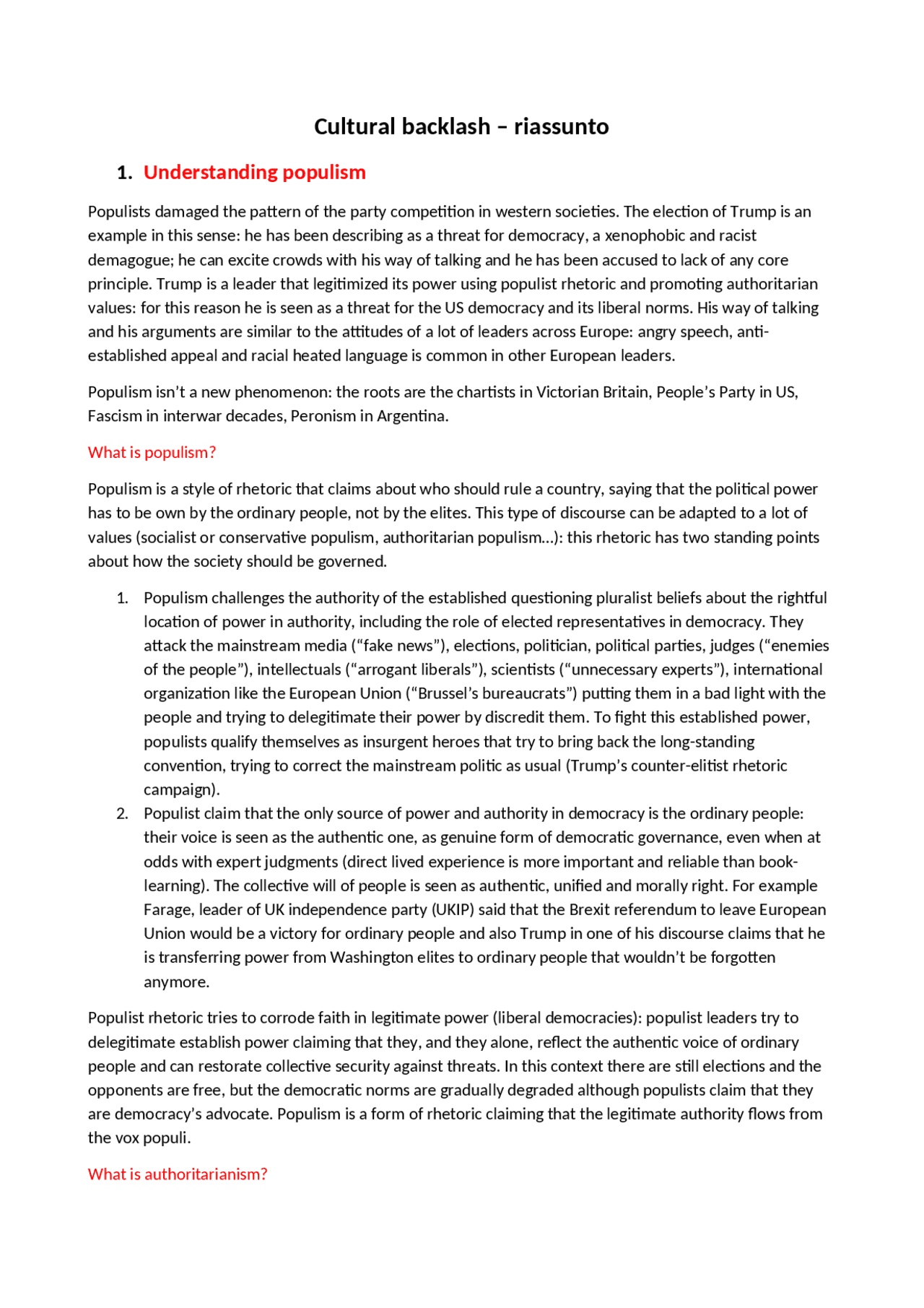 Cultural backlash (Norris and Inglehart) riassunto - Docsity