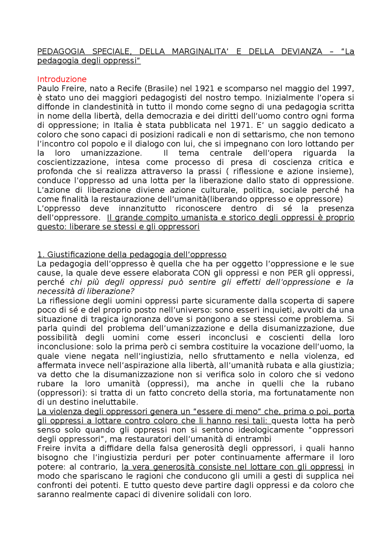 Pedagogia Degli Oppressi Docsity