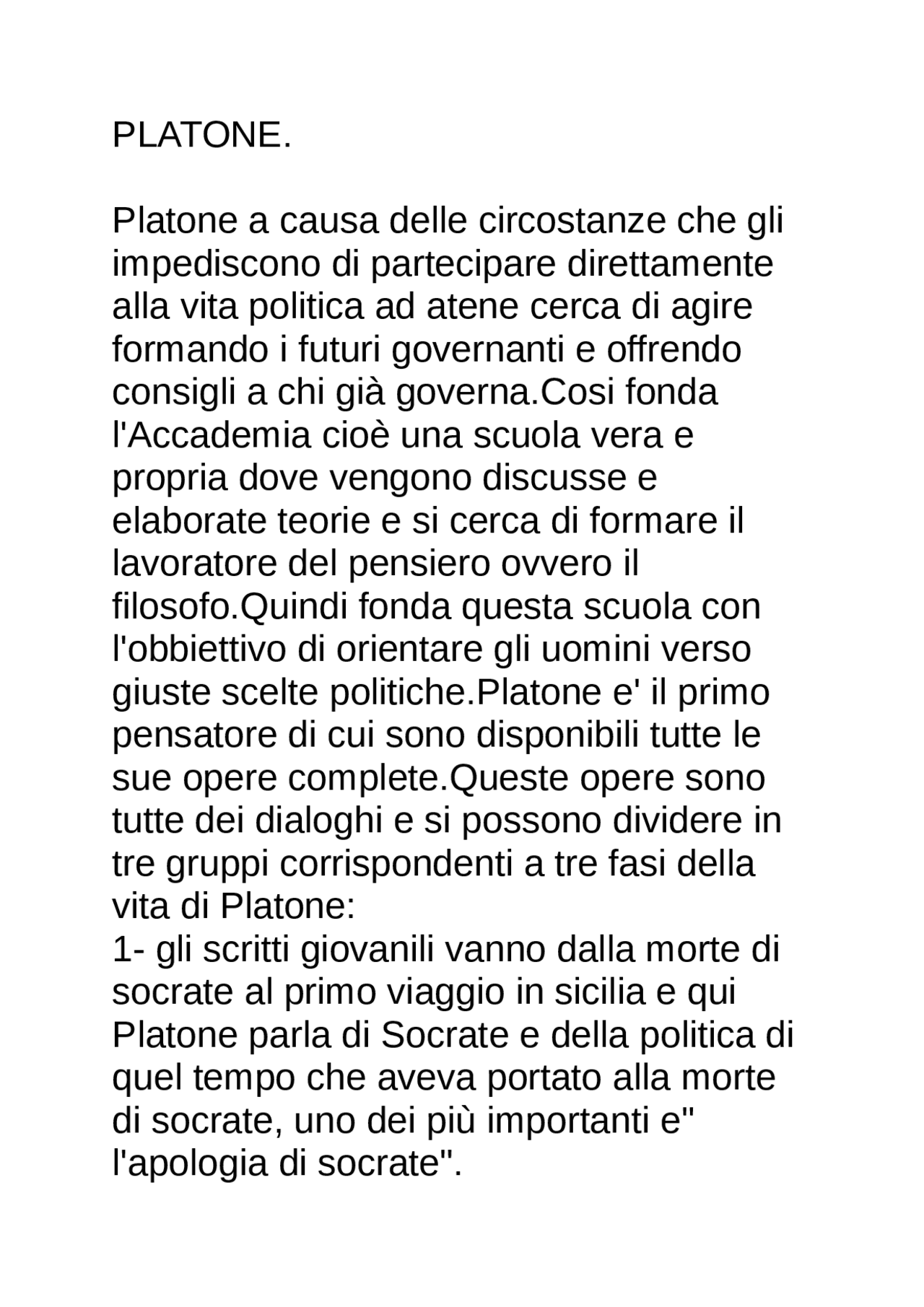 Platone e il suo pensiero - Docsity