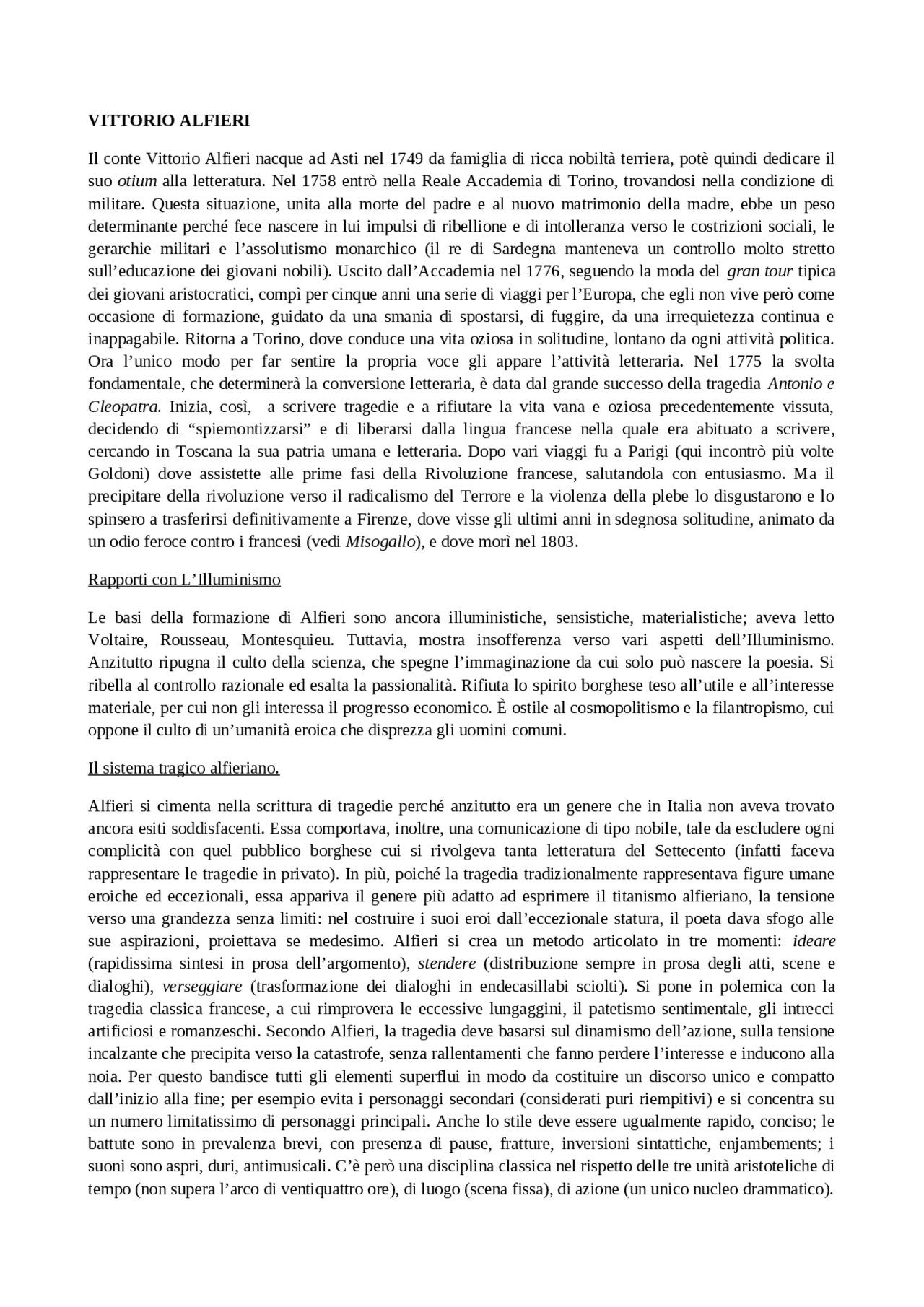 Vittorio Alfieri Vita E Opere Docsity