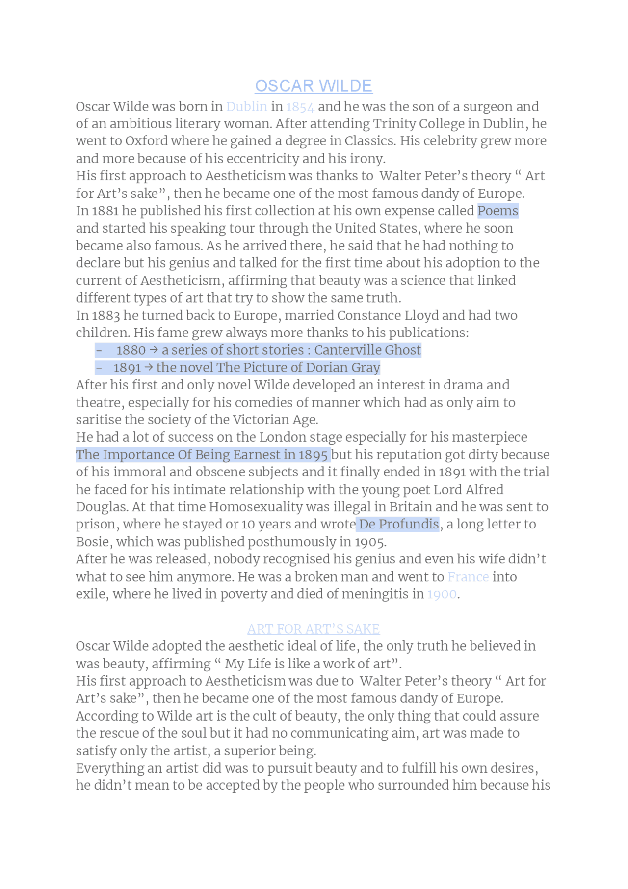 Oscar Wilde's life and style - Docsity