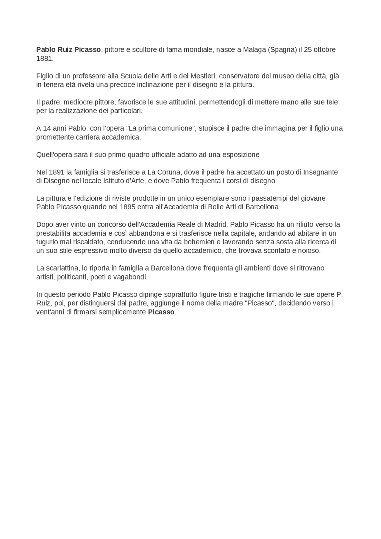 Vita Di Pablo Picasso Docsity